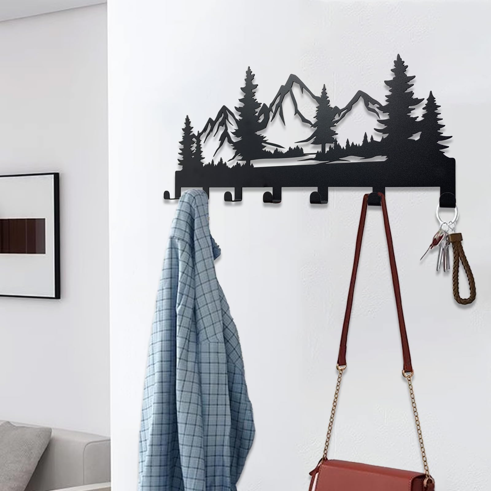 Metal Key Holder, Wall Mounted Key Hooks, Key Holder for Wall, Key Organizer Rack with 7 Hooks, Key Hanger Decor for Kitchen, Entryway, Hallway, Bedroom, Doorway (Mountain 12IN)