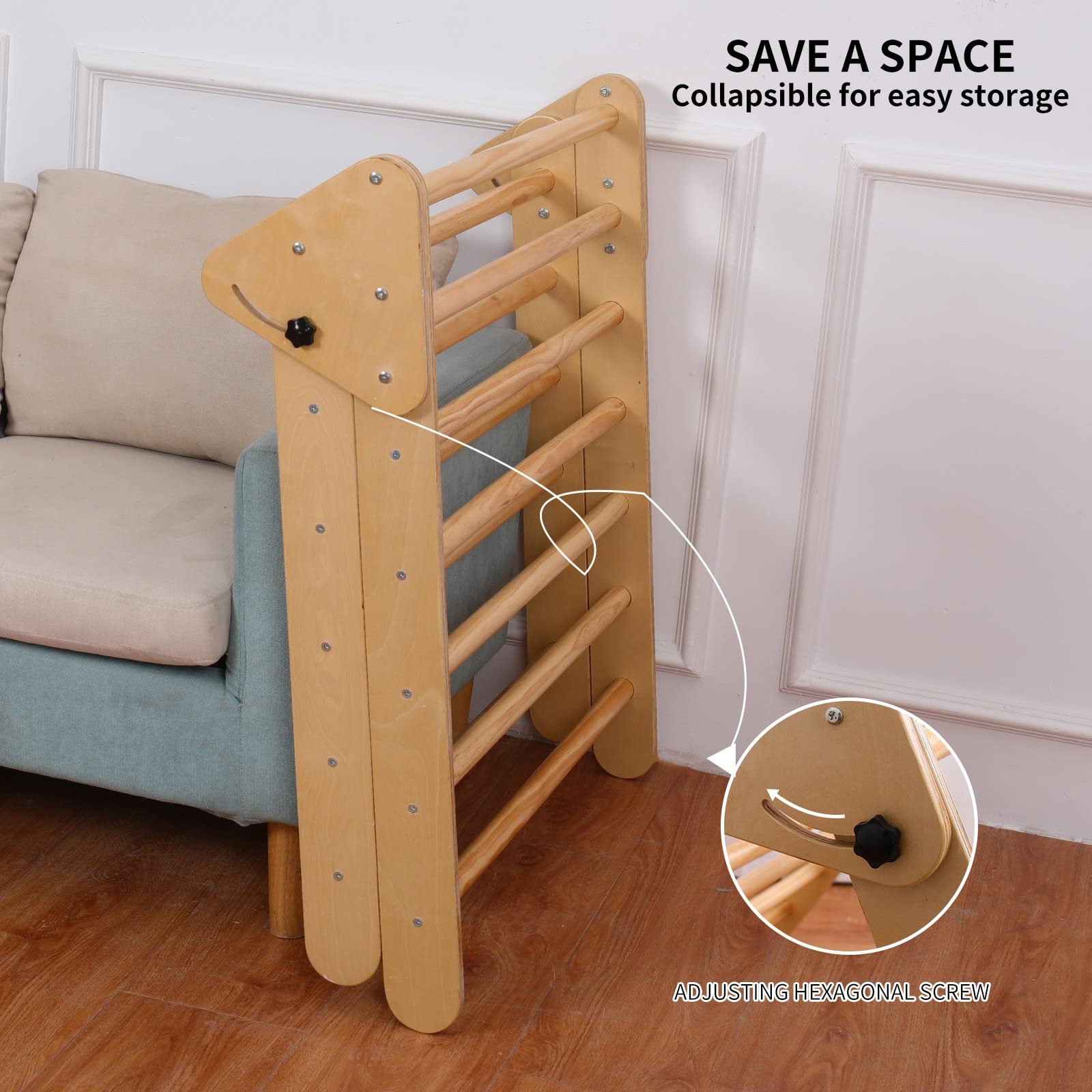 lekaihuai Pikler Triangle Climber with Ramp, Foldable Wooden Montessori Climbing Triangle Se(twood)
