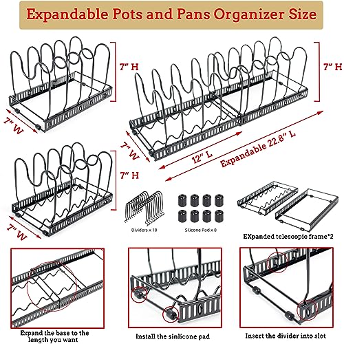 HAOWUJIN Pot And Pan Organizer For Cabinet, 10 Adjustable Pot Lid Organizer For Cabinet Expandable Cookware Baking Cookie For Kitchen Cutting Board Bakeware Organizer For Cabinet
