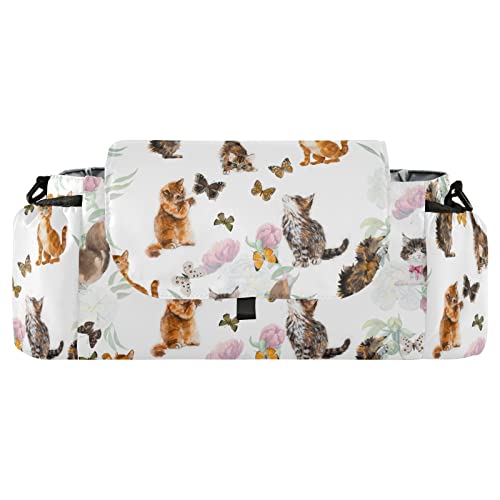 Kigai Cats Butterflies Baby Stroller Organizer with Cup Holders, Secure Hooks Accessories Adjustable Strap Stroller Bag for Bottle, Diaper, Phone, Toys, Baby Items