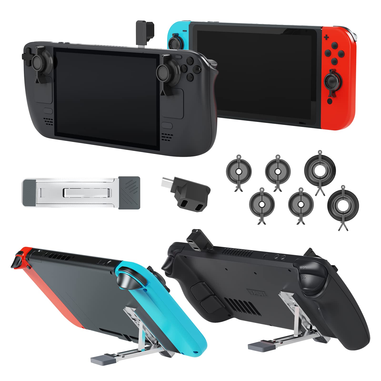 JOYTORN Joystick Guards Bundle with 6 Joystick Protecitve Holder,1 Kickstand,1 90 Degree USB C Male To Dual USB C Adapter
