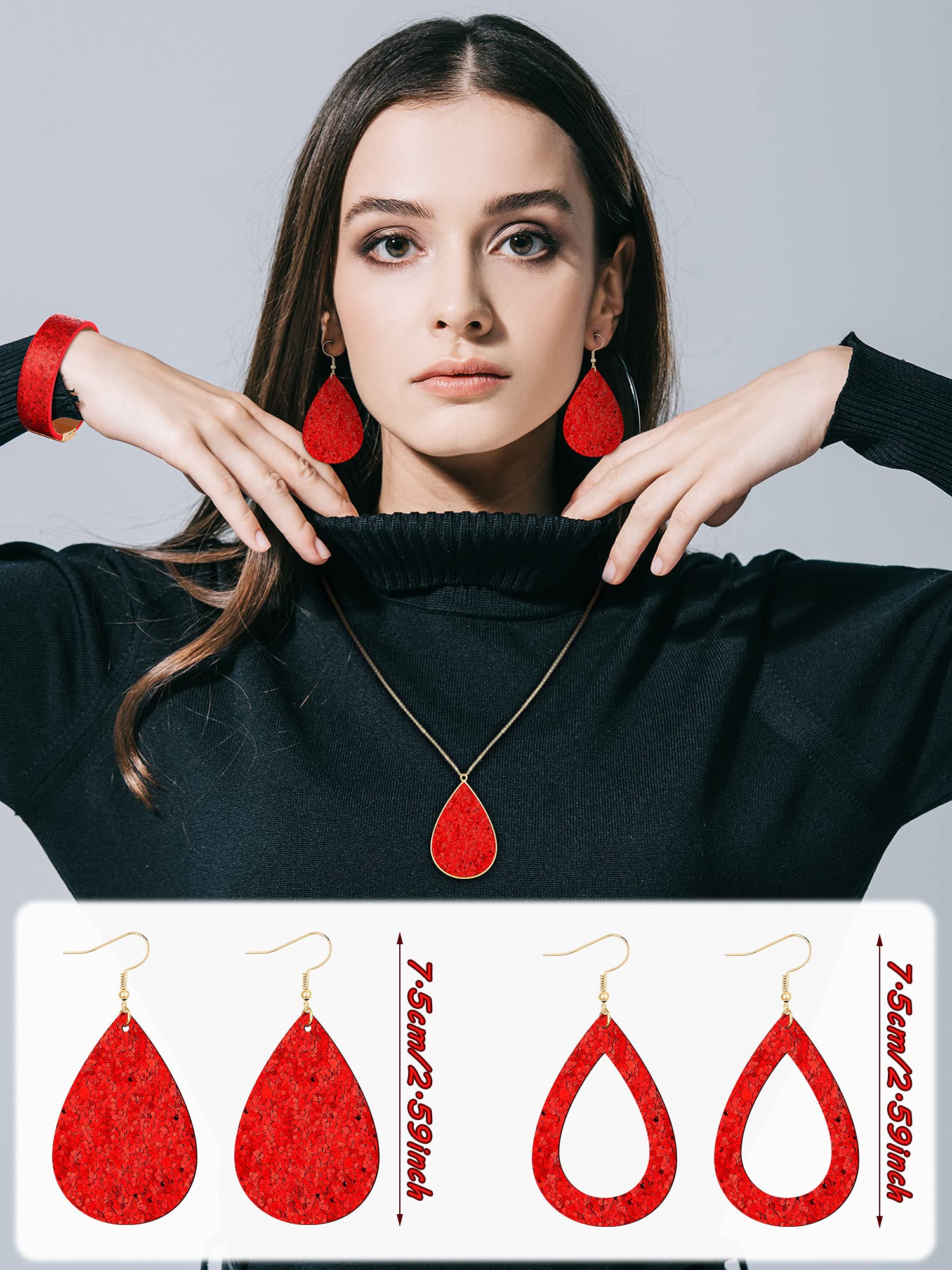 Hicarer Women's Glitter Jewelry Set, Include 2 Pieces Bridal Wedding Multi-Layer Bracelet 3 Pair Faux Leather Dangle Earrings 1 Piece Necklace for Women (Red)