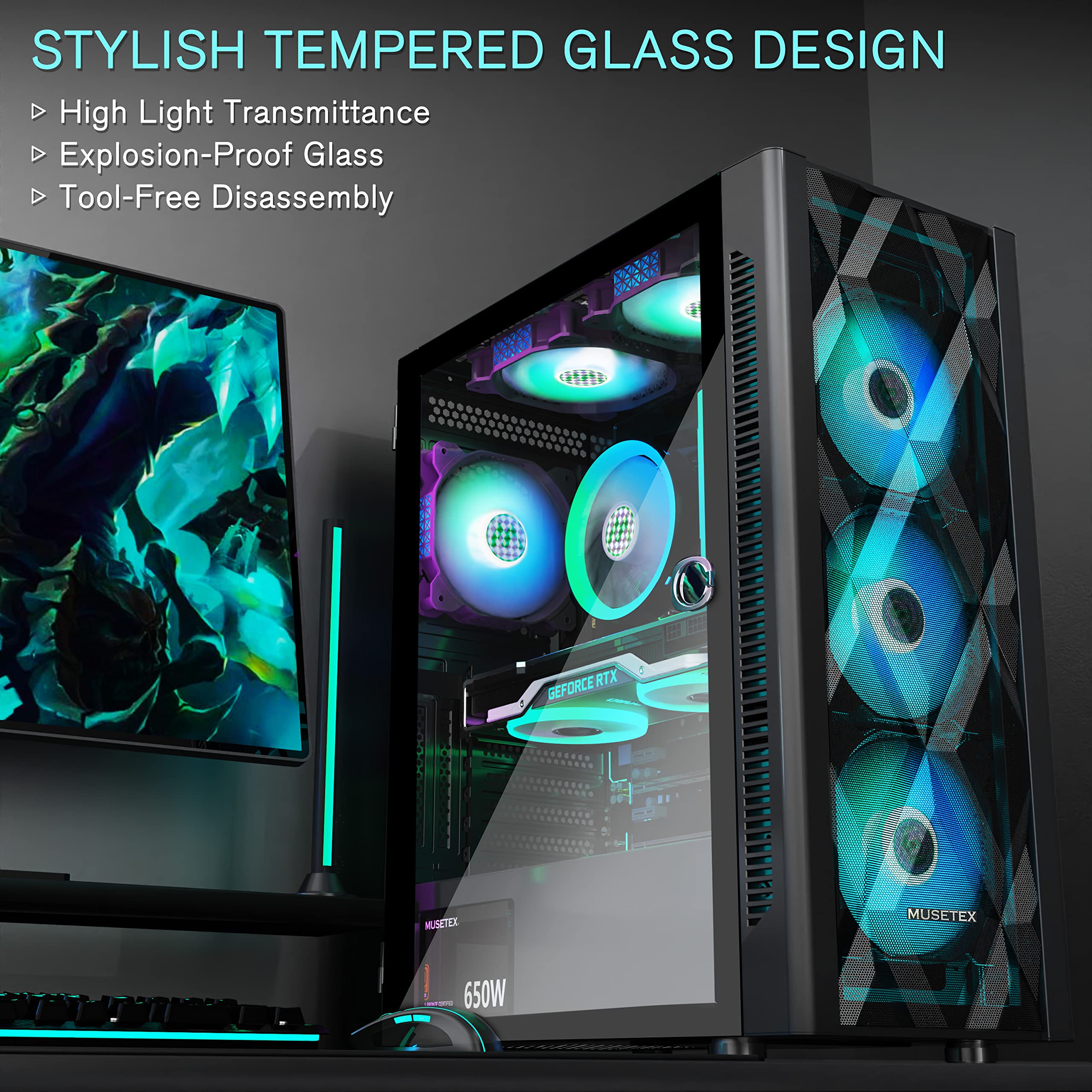 MUSETEX ATX PC Case Pre-Install 6 PWM ARGB Fans, Polygonal Mesh Computer Gaming Case, Opening Tempered Glass Side Panel Mid-Tower Case, USB 3.0 x 2, Black, NN8-PF