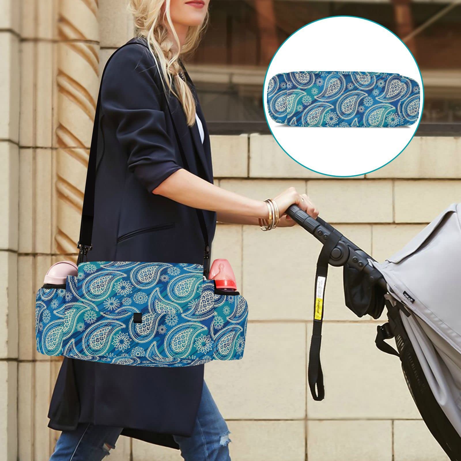 Kigai Paisley Baby Stroller Organizer with Cup Holders, Secure Hooks Accessories Adjustable Strap Stroller Bag for Bottle, Diaper, Phone, Toys, Baby Items