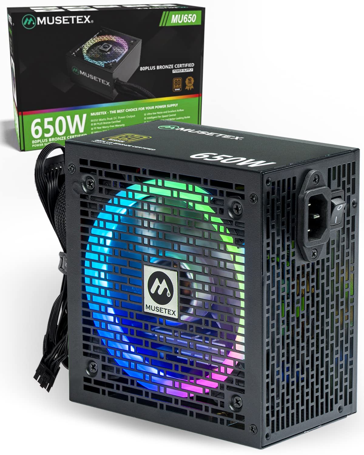 MUSETEX Power Supply, 650W RGB PC PSU,80+ Bronze Certificated Non Modular ATX Power Supply, Multi Connectors, 120mm Ultra Quiet Cooling Fan, Computer Power Supply, Black(MU650)