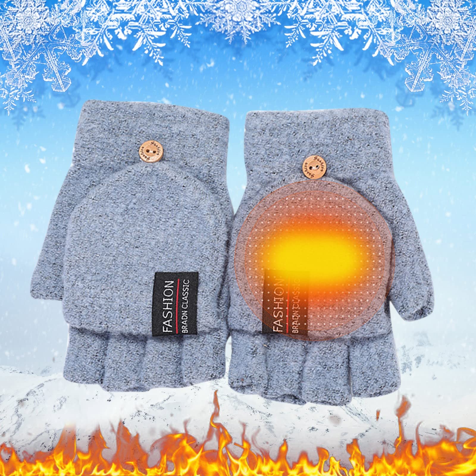 Knitted Warm Convertible Flip Mittens Top Fingerless Men Winter Gloves Men Gloves Womens Ski Mittens (Light Blue, A)