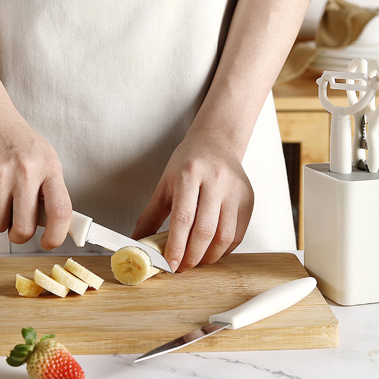 Knife Set with Block, 5 Piece Kitchen Knife Sets with Stainless Steel Knives Scissors and Peeler for Veg Fruit Meat Steak, Beige