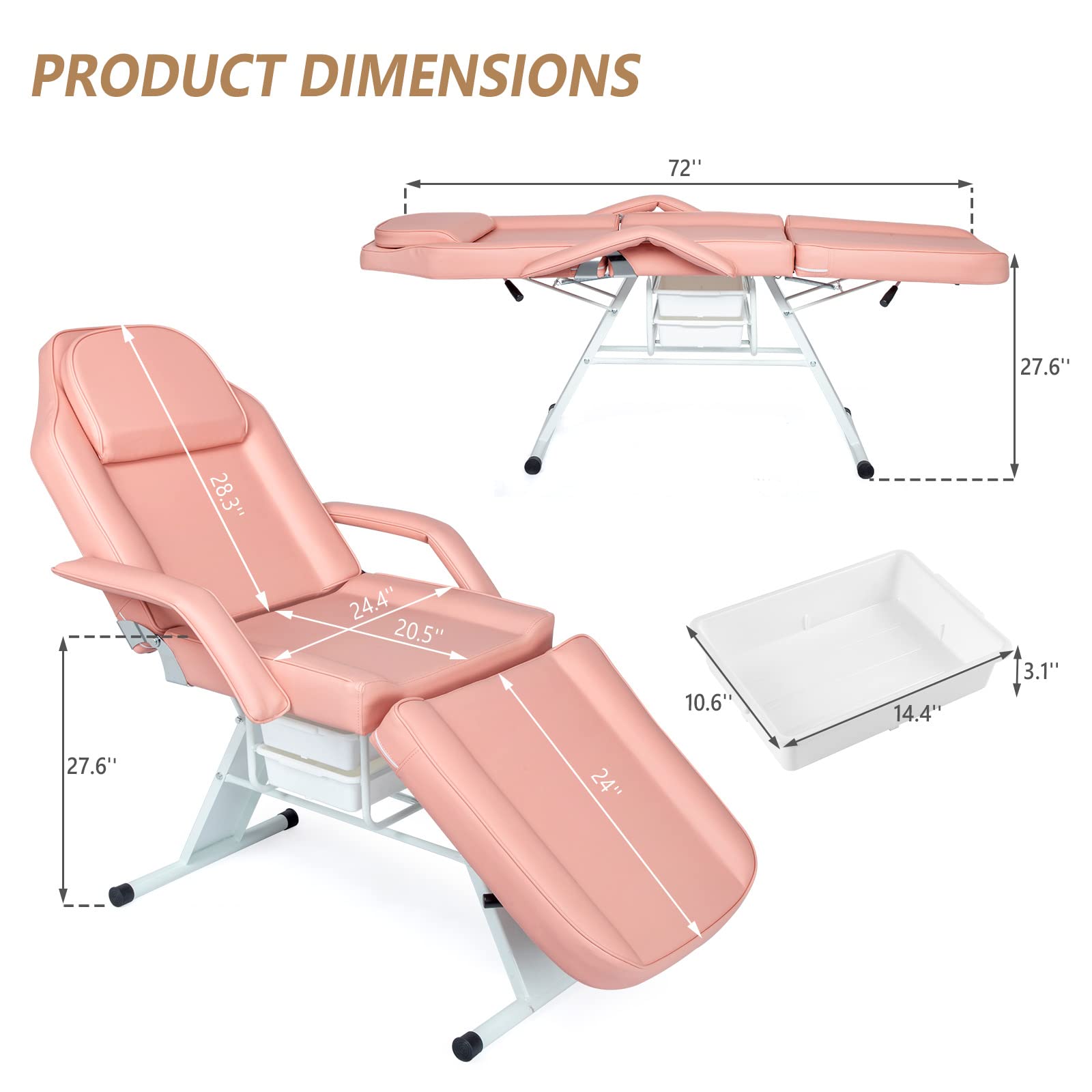 OmySalon Esthetician Salon Bed, Professional Massage Tattoo Table Salon Spa Equipment with 2 Beauty Baskets,Facial Beauty Barber Waxing Lash Microblading,Pink