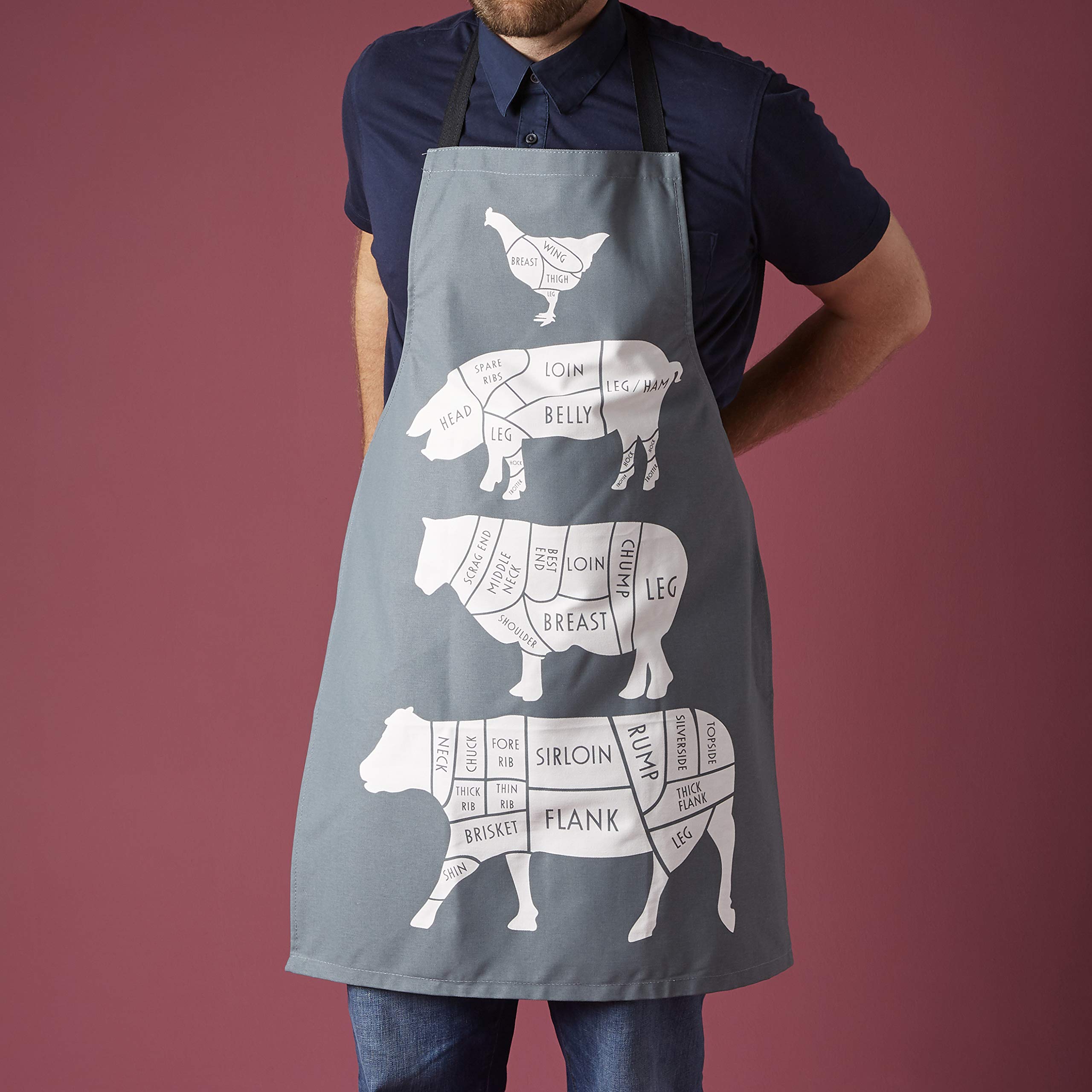 Huxters Chef Apron for Men β Bib Kitchen Apron Screen-Printed with British Meat Cuts β 100% Cotton Twill Protects the Grill Master from Grease Splatter and Stains