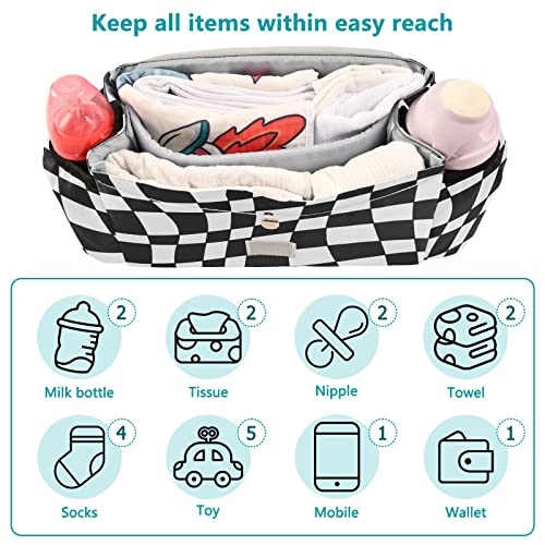 Kigai Y2k Curvy Chessboard Baby Stroller Organizer with Cup Holders, Secure Hooks Accessories Adjustable Strap Stroller Bag for Bottle, Diaper, Phone, Toys, Baby Items