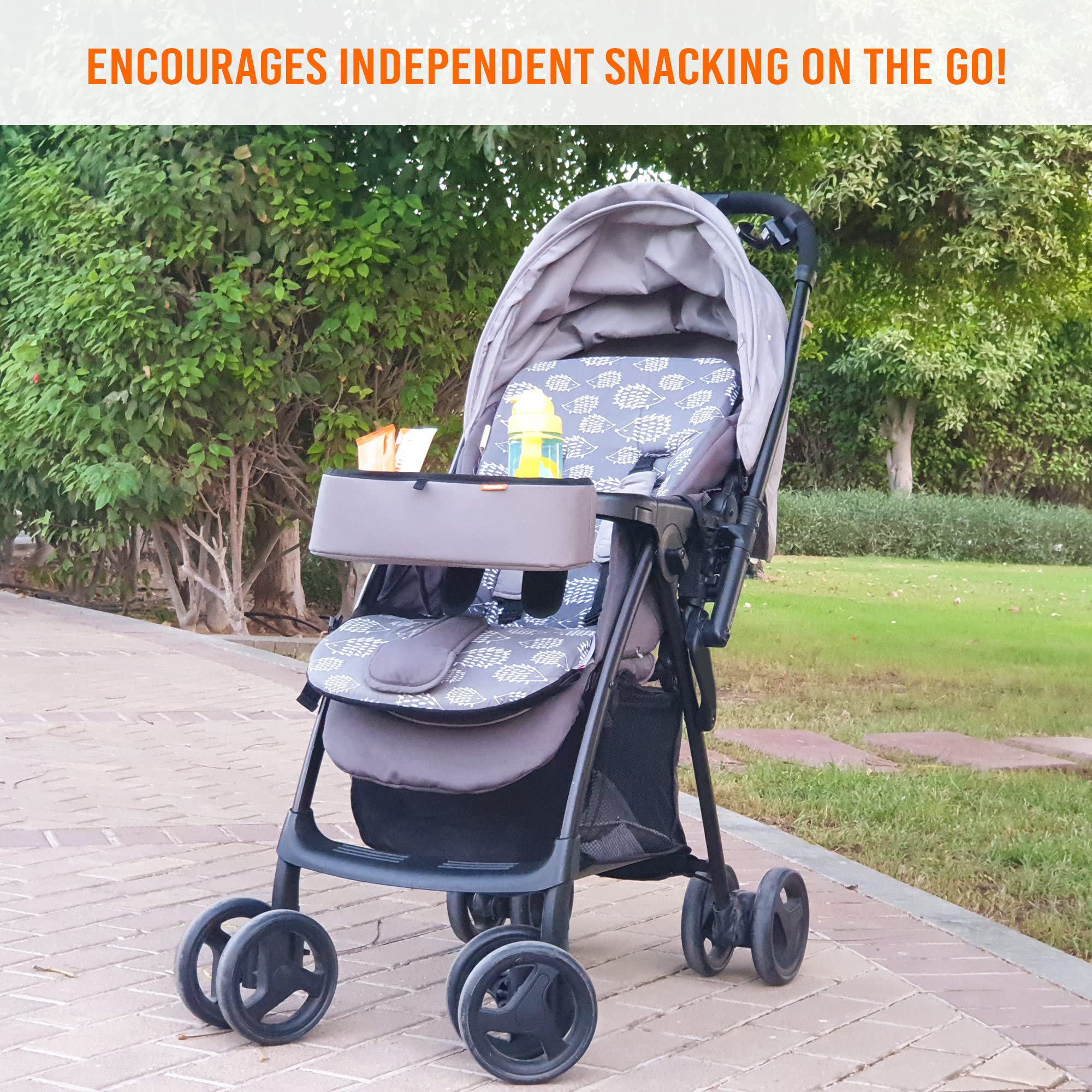 MamaSu Stroller Snack Tray - Universal stroller tray with Insulated Sippy Cup Holder - Non-Slip Straps - Universal Stroller Snack Tray Attachment Fits Most Types of Strollers (MS0922)