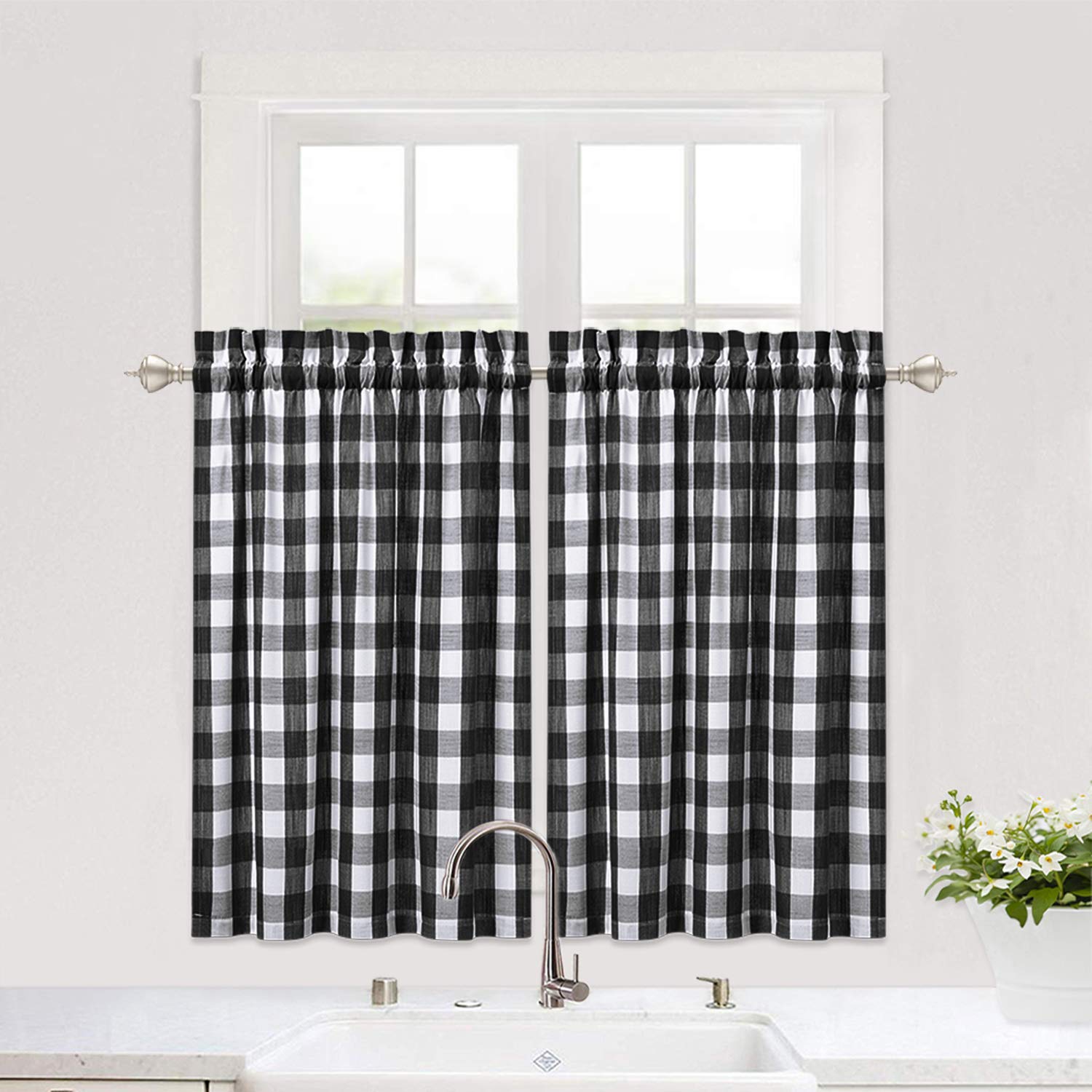 Haperlare Cafe Curtains 36 Inch, Gingham Plaid Rod Pocket Bathroom Window Curtains, Buffalo Check Chic Yarn Dyed Kitchen Window Curtain Sets for Bathroom, 28" x 36", Sage/White, Set of 2
