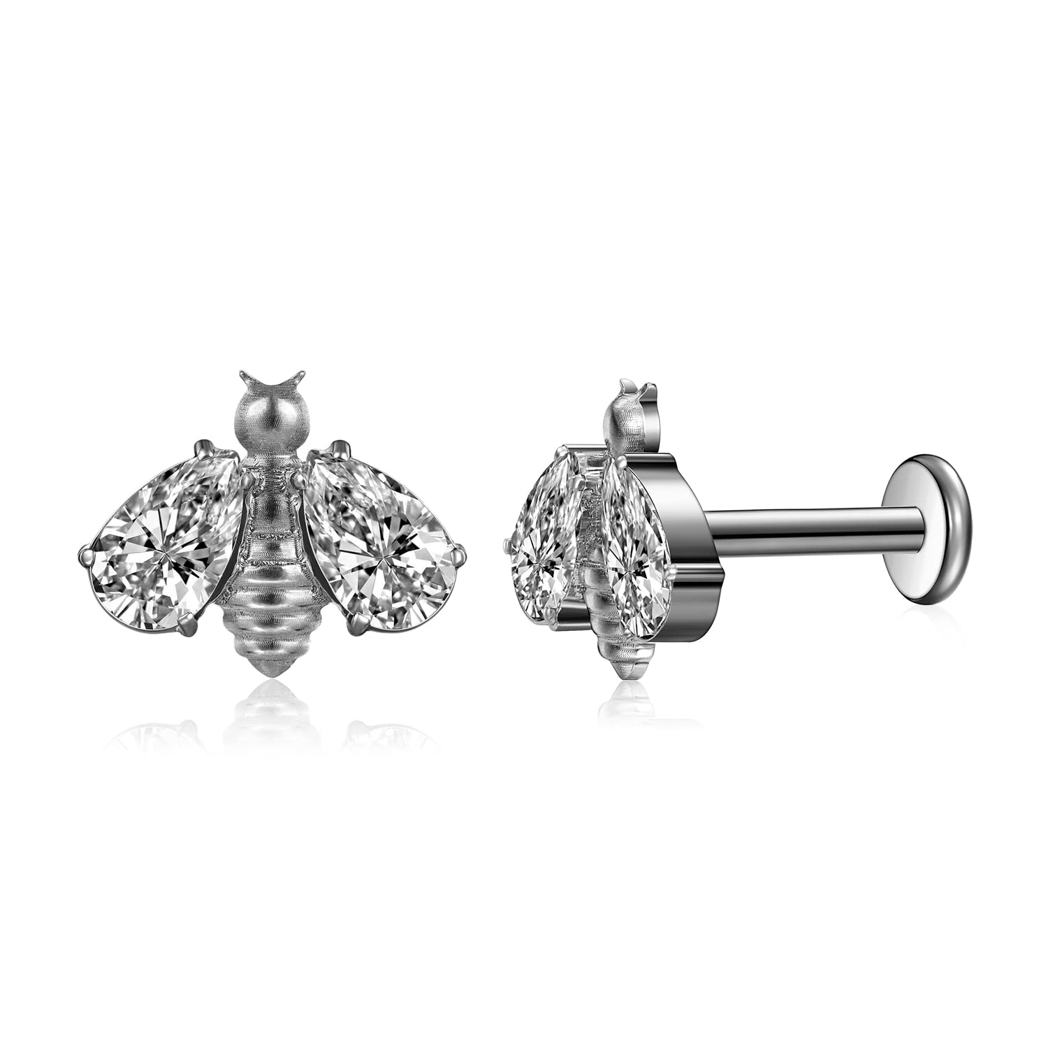 Ju7cer 16G Cartilage Earring Stud F136 Titanium Clear Bee Earrings for Conch Tragus Helix, Internally Threaded Flatback Earrings for Women Labret Piercing Jewelry
