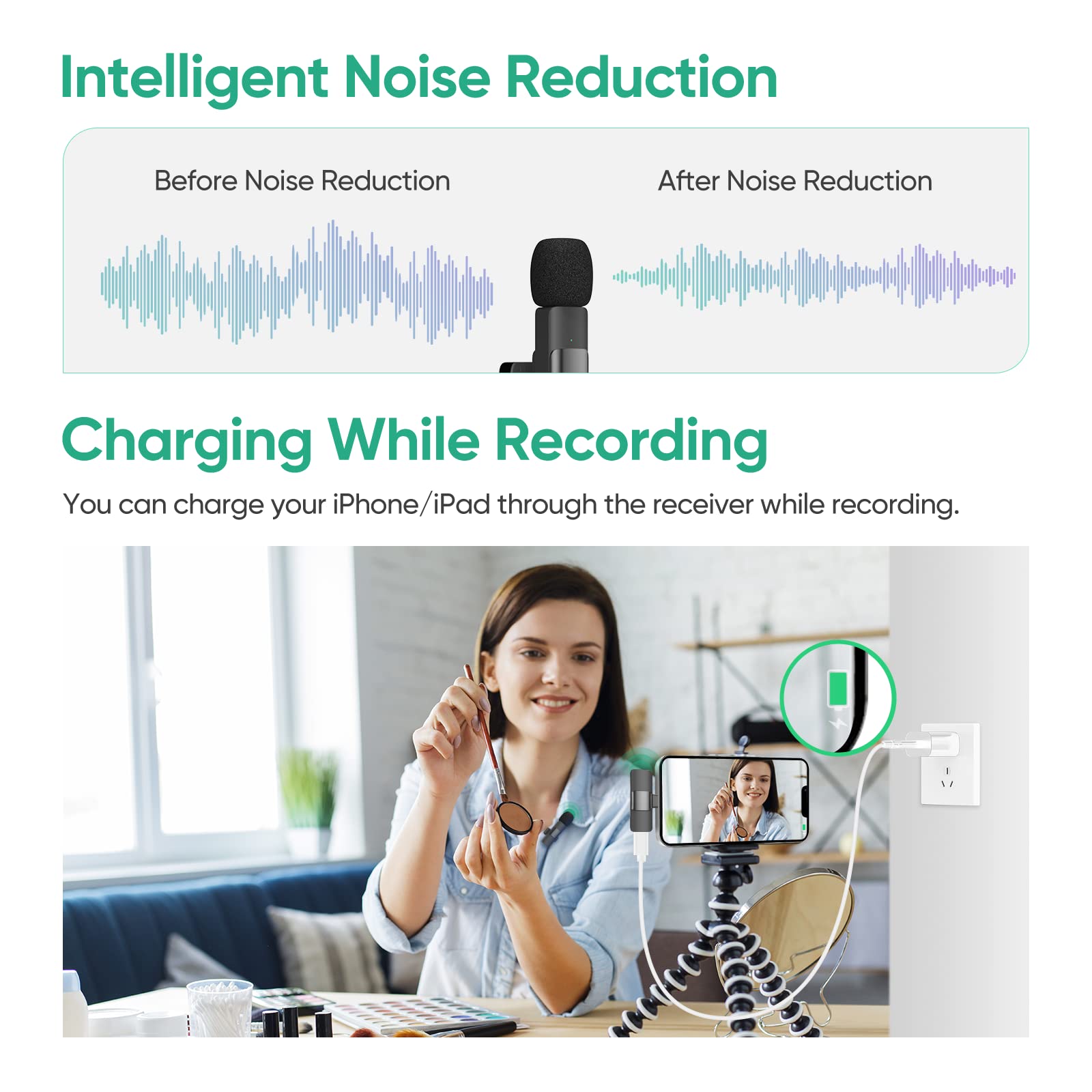 JULAKE Wireless Lavalier Microphone for iPhone and iPad, Professional Lapel Microphone with 2 Clip on Mics and Receiver – Noise Reducing iPhone Mic for Video Recording, Vlogging, YouTube