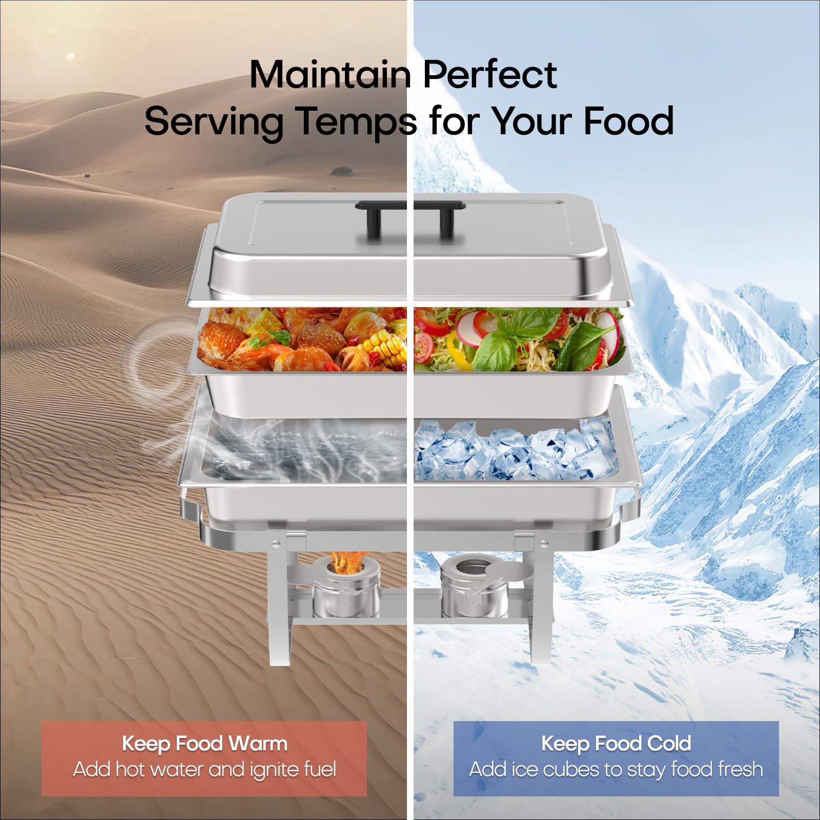 ROOMARK 2 Pack 8QT Chafing Dish Buffet Set Stainless Steel Chafer Rectangular Catering Warmer Set with Trays Pan Lid Folding Stand for Catering Party, Wedding, Birthday, Baby Shower, Outdoor Picnic