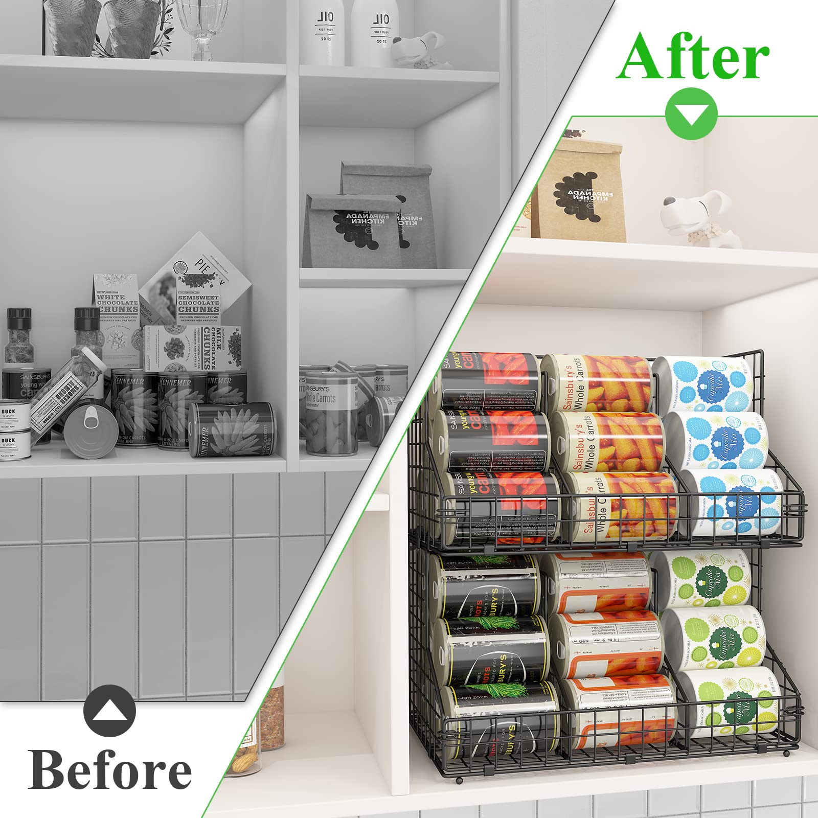JKsmart Stackable Can Rack Organizer for Pantry Storage,Can Dispensers with 4 Adjustable Dividers, 2-Tier Metal Wire Basket Beverage Pop Soda Rack for Kitchen Cabinet Pantry, Black