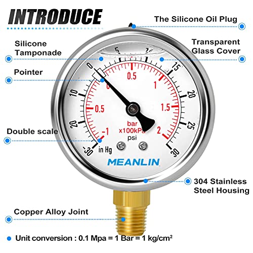 MEANLIN MEASURE -30~30Psi Stainless Steel 1/4" NPT 2.5" FACE DIAL,Vacuum Pressure Gauge,Lower Mount, with 1/4" x 1/2" NPT and 1/4" x 3/8" NPT Hex Bushing