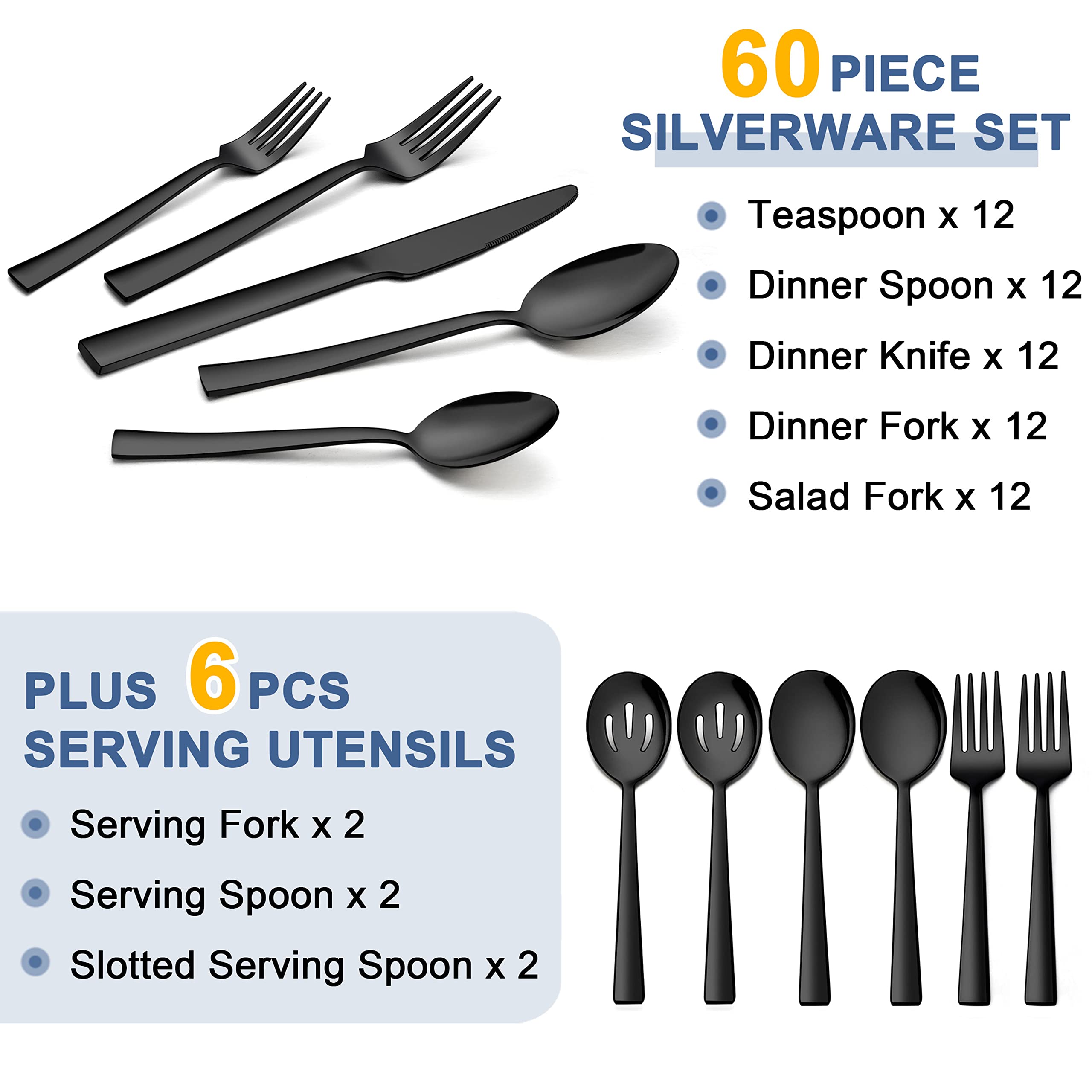 Homikit 66-Piece Shiny Black Silverware Set with Serving Utensils, Stainless Steel Square Flatware Cutlery for 12, Home Restaurant Eating Utensils with Fork Spoon Knife, Mirror Polish, Dishwasher Safe