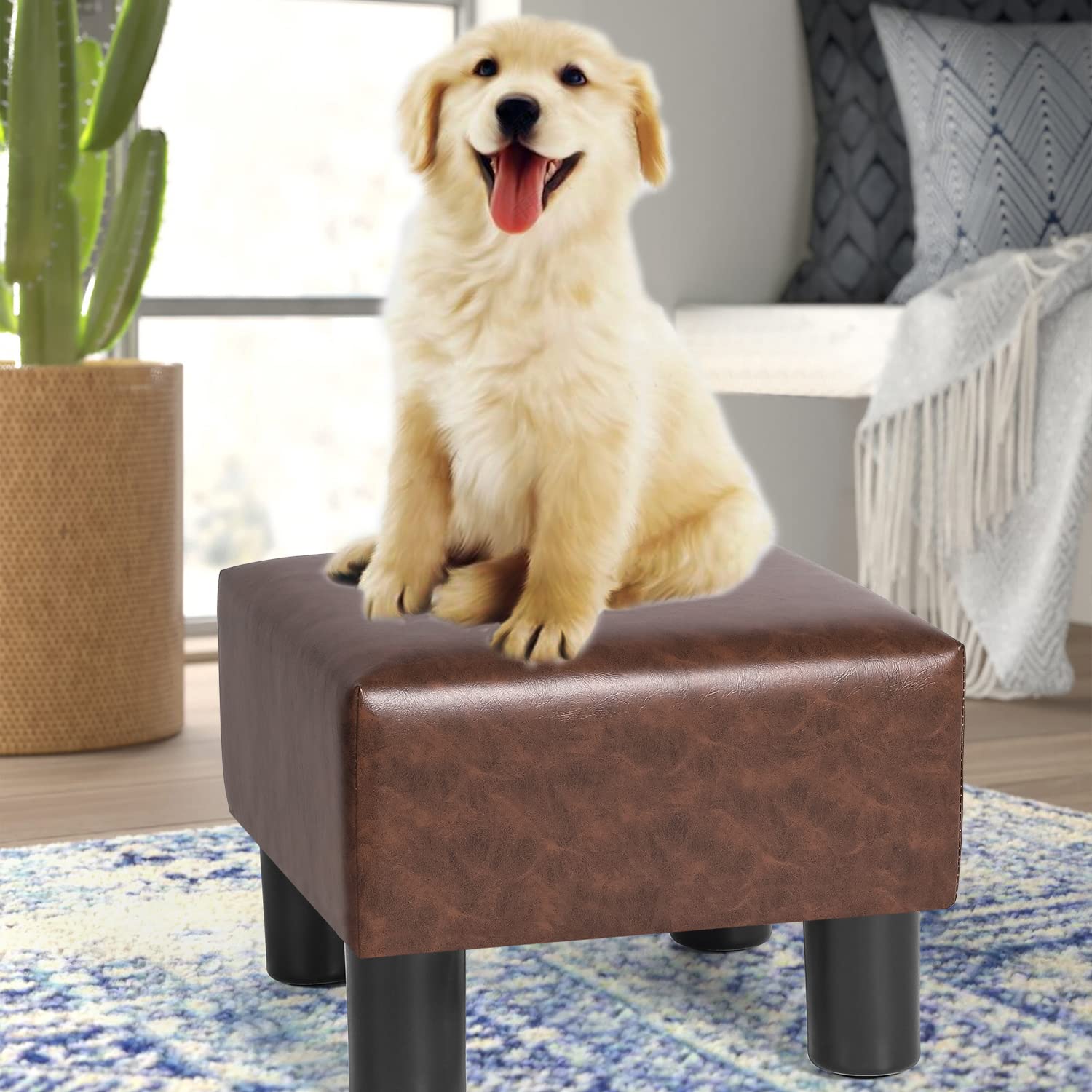 Joveco Small Footstool Ottoman, Faux Leather Square Ottoman Footrest with Non-Skid Plastic Legs, Modern Sofa Pets Step Stool for Couch Desk Office Living Room Bedroom (Brown)