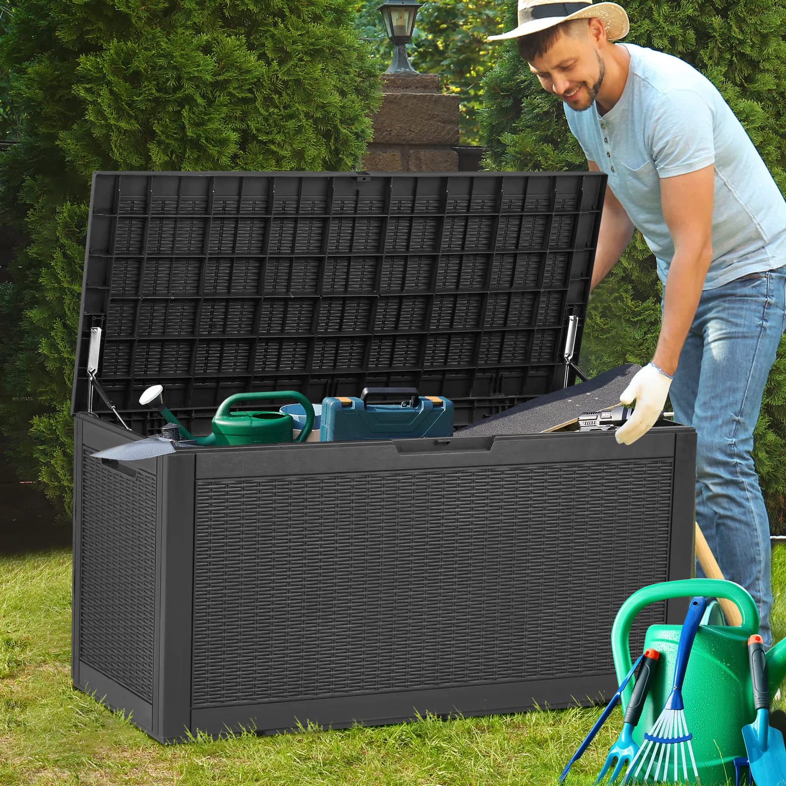 Lynkloft Outdoor Storage Box 100 Gallon Waterproof Deck Box Resin Patio Storage Bench with Lockable Lid Outdoor Storage Bin for Pillow, Cushion, Garden Tool, Black