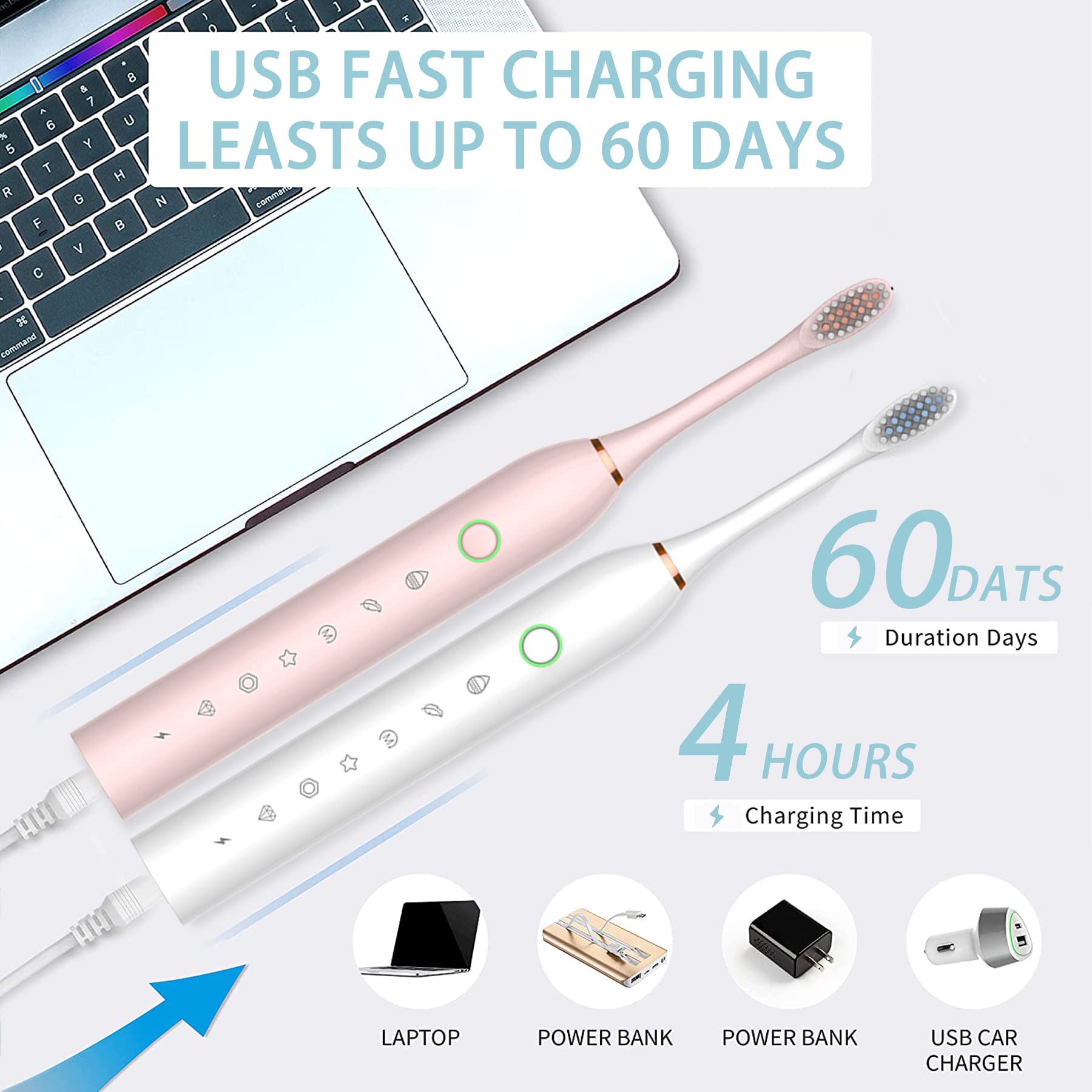 Lukern 2 Pack Sonic Electric Toothbrush, 6 Modes 42000vpm, Toothbrush with 2 Minute Built-in Timer and 8 Brush Heads,White+Pink