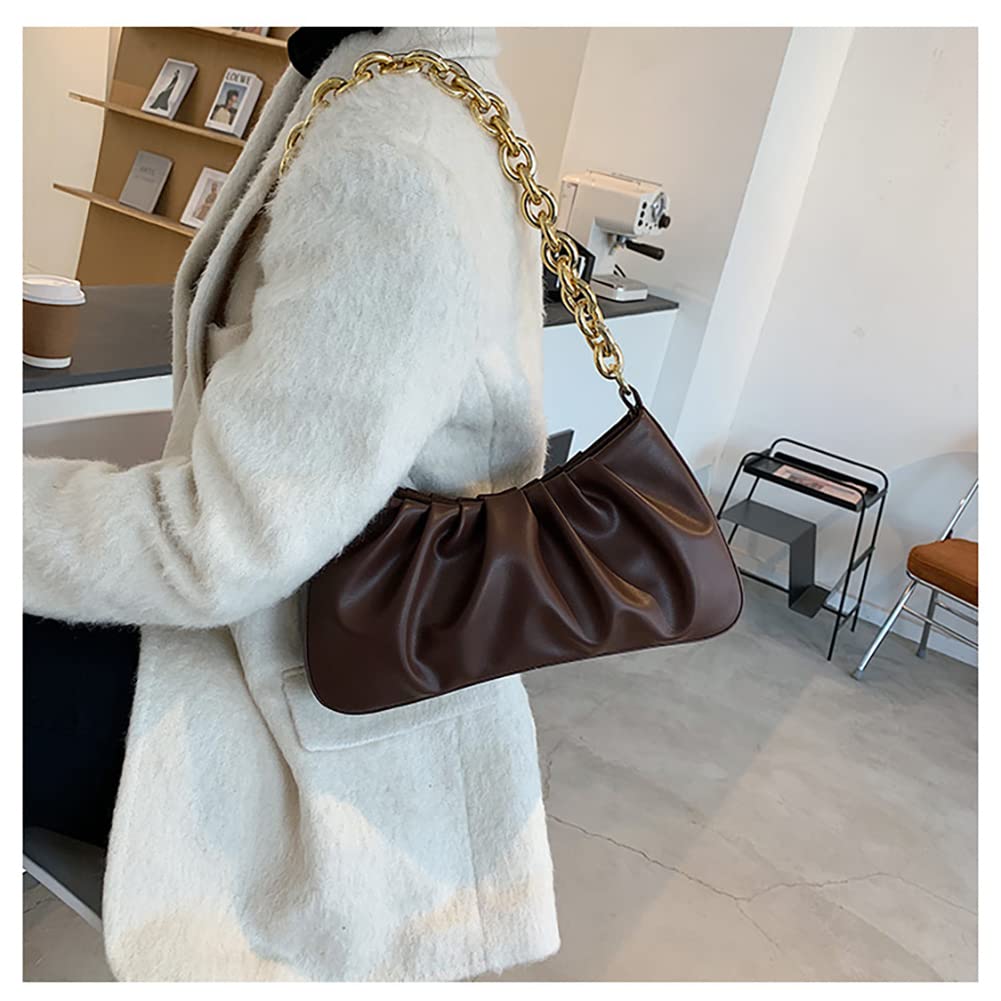 JRNDNIUO Chain Purse Bag for Women, 90s Shoulder Purses, Trendy Dumpling Handbag, Cloud Pouch Purse with PU Leather Gold Chain Clutch Brown
