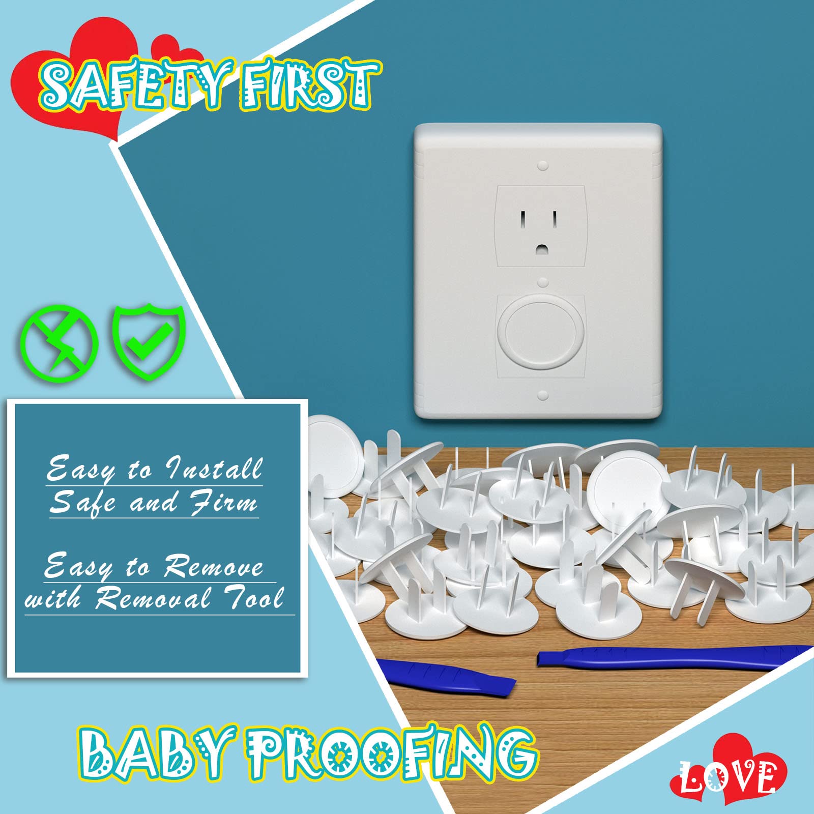 Miao'er Baby Proofing Kit, Baby Proof Outlet Covers-50 Pack, with 2 Pieces Plastic Stick for Easy Removal. Corner Protector Baby Proof-12 Pack, Effectively Protect Child from Sharp Corners (Round)