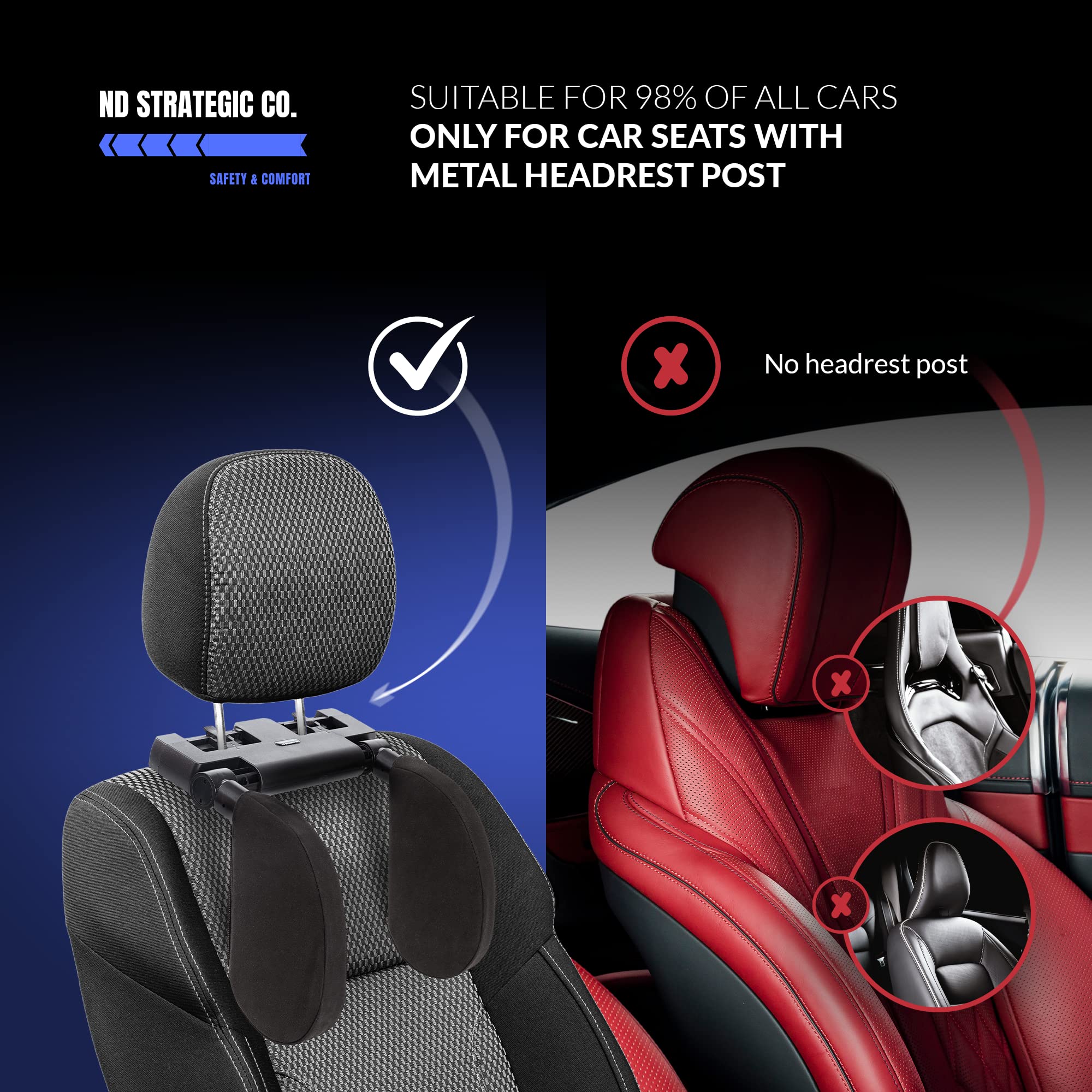 ND Strategic & Co. Car Headrest Pillow - 360° Adjustable Car Seat Headrest with Washable Covers - Car Neck Support - incl. Seat Belt Protection