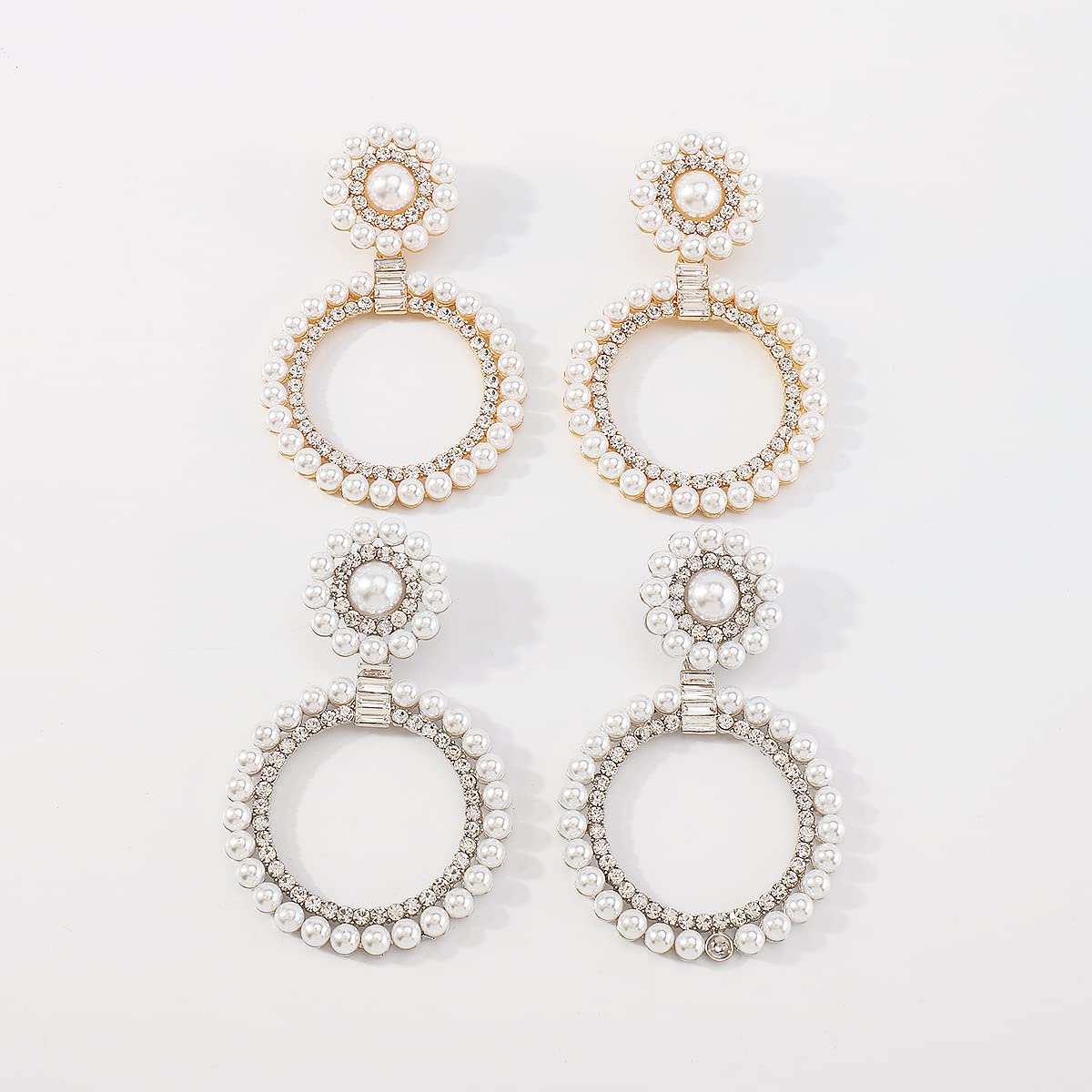 Jumwrit Pearl Hoop Earrings Big Circle Dangle Drop Earrings Rhinestone Round Stud Earrings Statement Pearl Earrings for Women Girls(Silver)