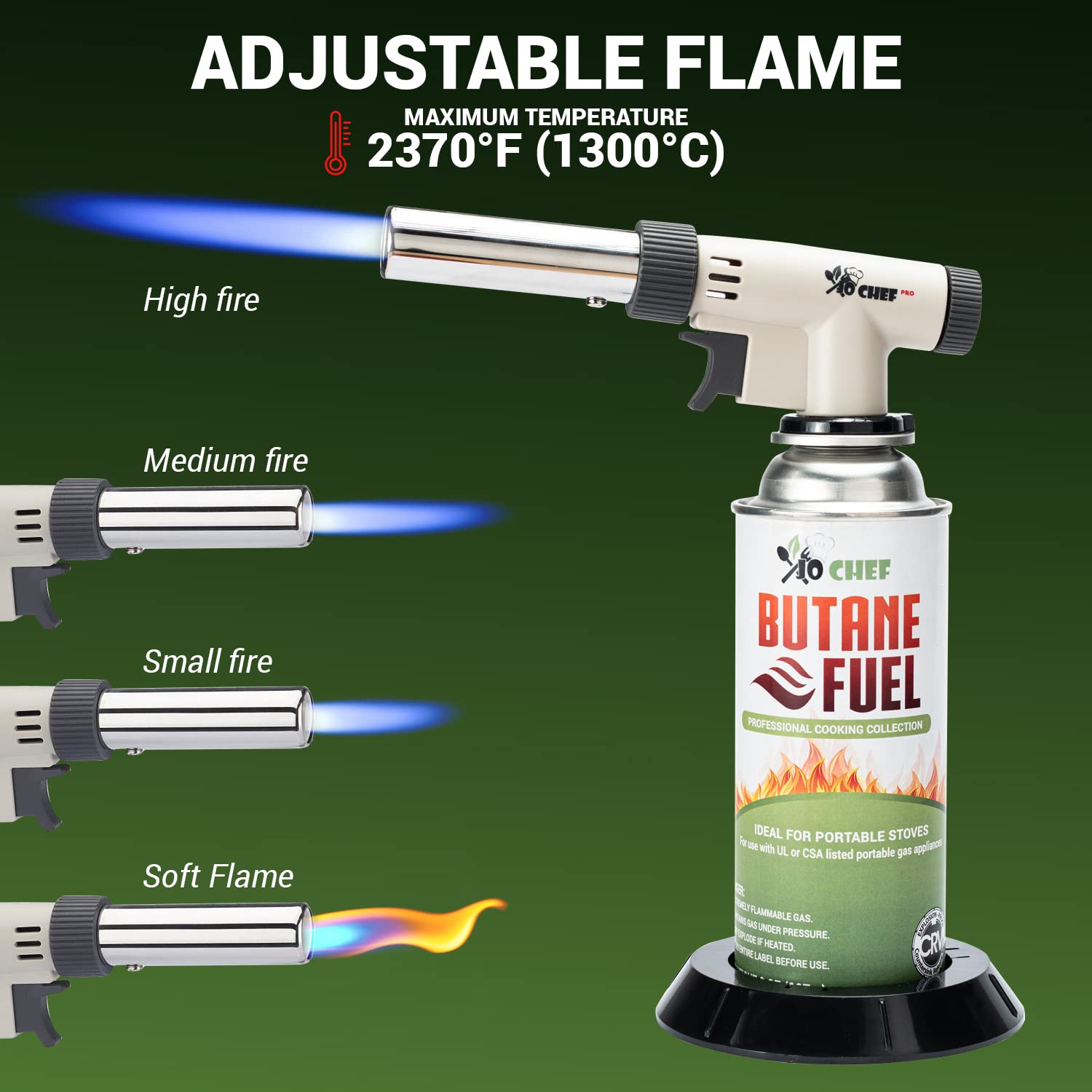 Jo Chef Pro Butane Torch - Refillable Torch Lighter Head, Hand Held Small Kitchen Torch with Adjustable Flame - Culinary Blow Torch, Creme Brulee Torch, Baking, BBQ, Including 2 Butane Canisters