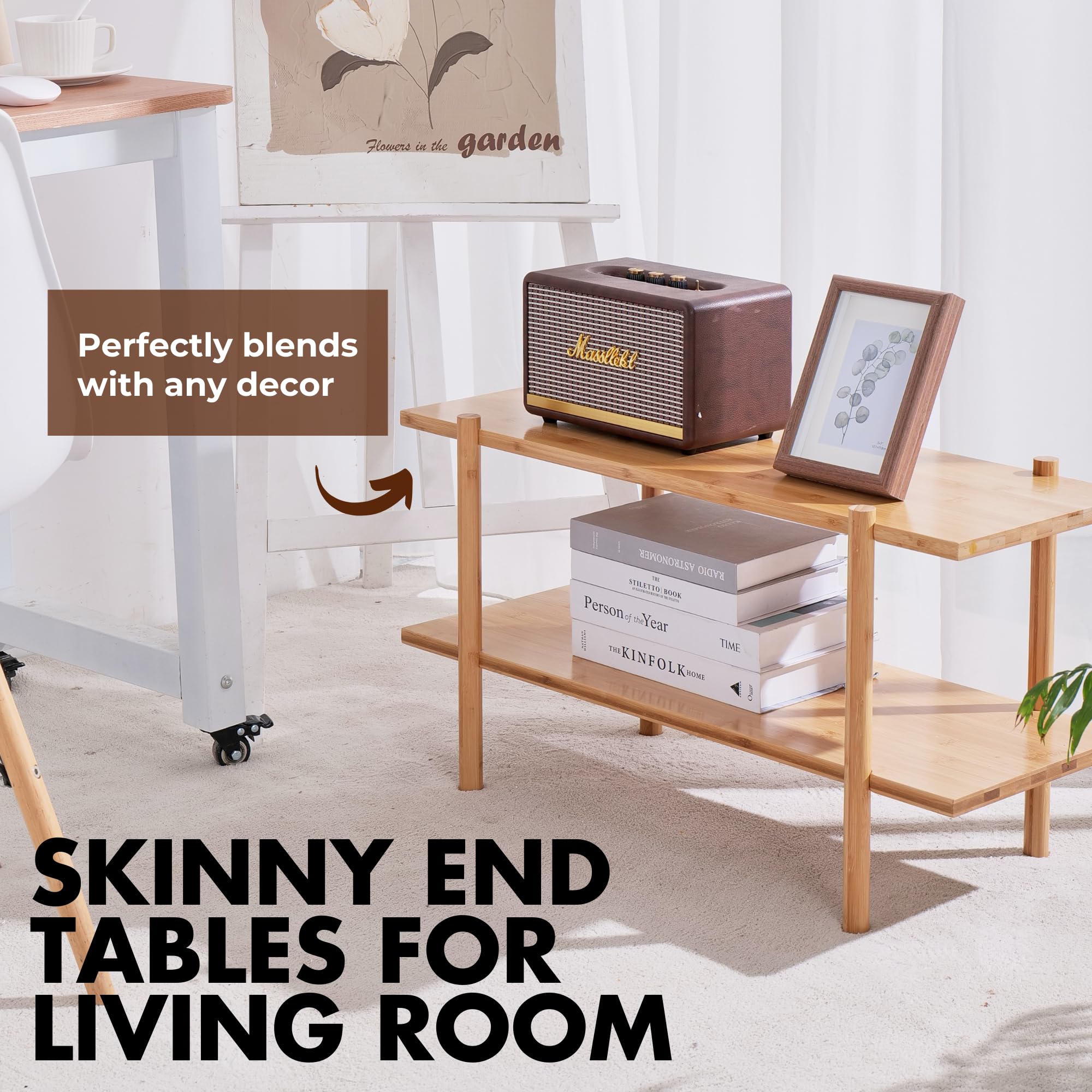 Neat Nest 2 Tier Narrow Side Table - Bamboo Narrow Nightstand with Storage Shelf - 30 Inches Wide - Slim Nightstand for Living Room, Bedroom Study and Balcony