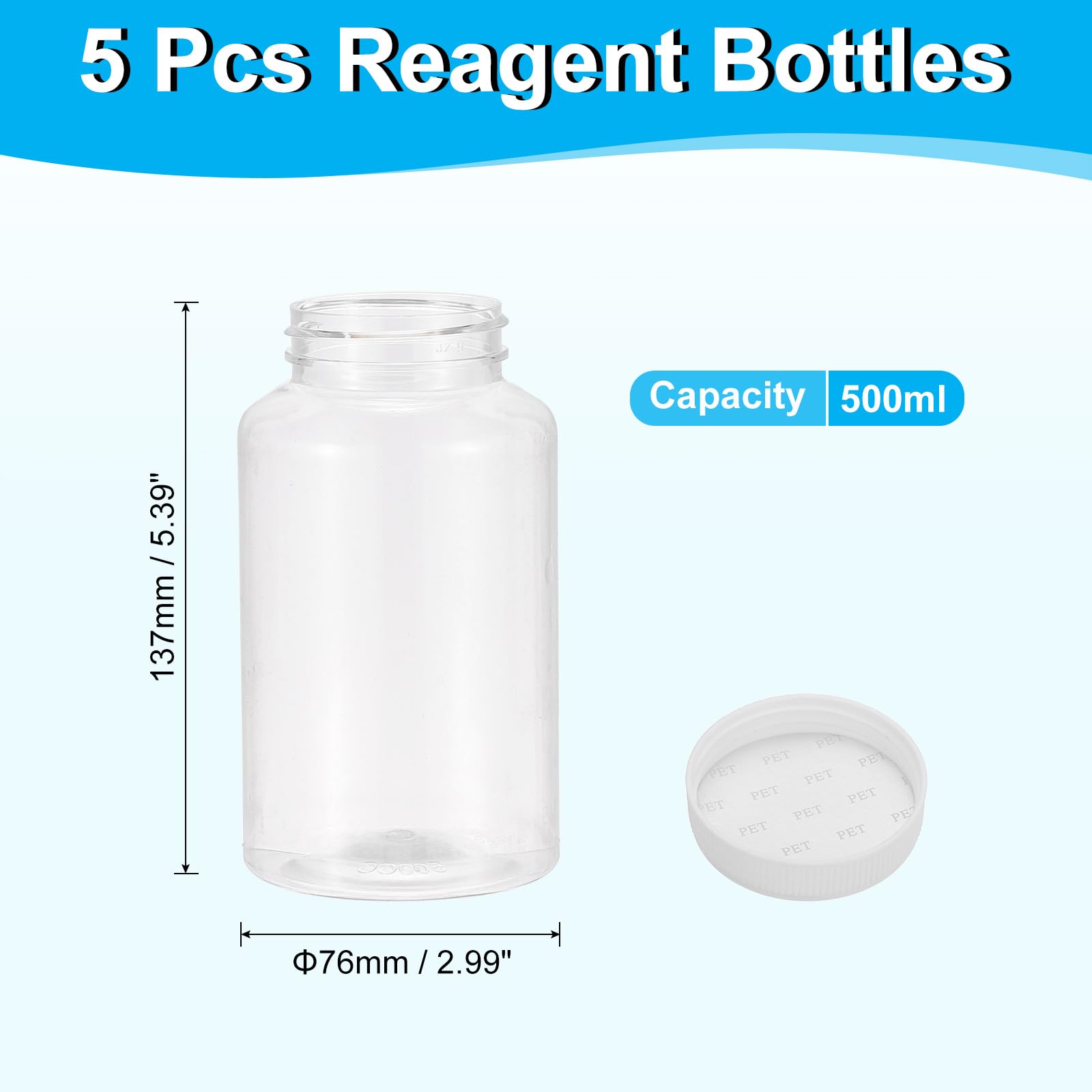 PATIKIL 5 Pcs 500ml Reagent Bottles, PET Wide Mouth Round Bottles with Screw Cap for Lab Water Reagent Liquids Solid Sample Storage Seal, Transparent