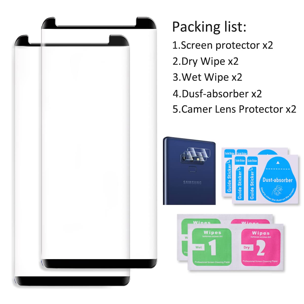 Micger Galaxy Note 9 Screen Protector 【2+2 Pack】 With Camera Lens Protector 3D Glass Curved Full Coverage 9H Hardness Tempered Glass Screen Protector for Samsung Galaxy Note 9
