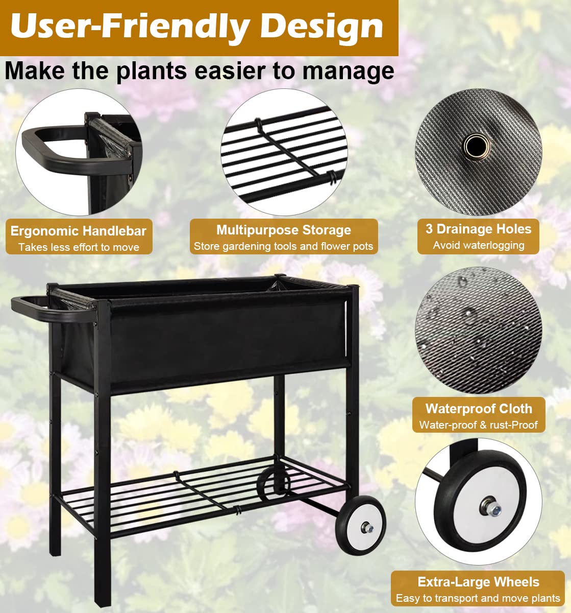 Koutemie Outdoor Raised Planter Box with Legs for Gardening, Elevated DIY Garden Bed Cart on Wheels for Vegetables Flower Tomato Herb Plant, Black