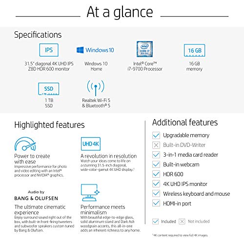 HP Envy 32 All-in-One Computer, 9th Gen Intel Core i7-9700 Processor, 4K UHD Monitor, NVIDIA GeForce GTX 1650 Graphics (4 GB), 16 GB RAM, 1 TB SSD, Windows 10 (32-a0010, Nightfall Black)