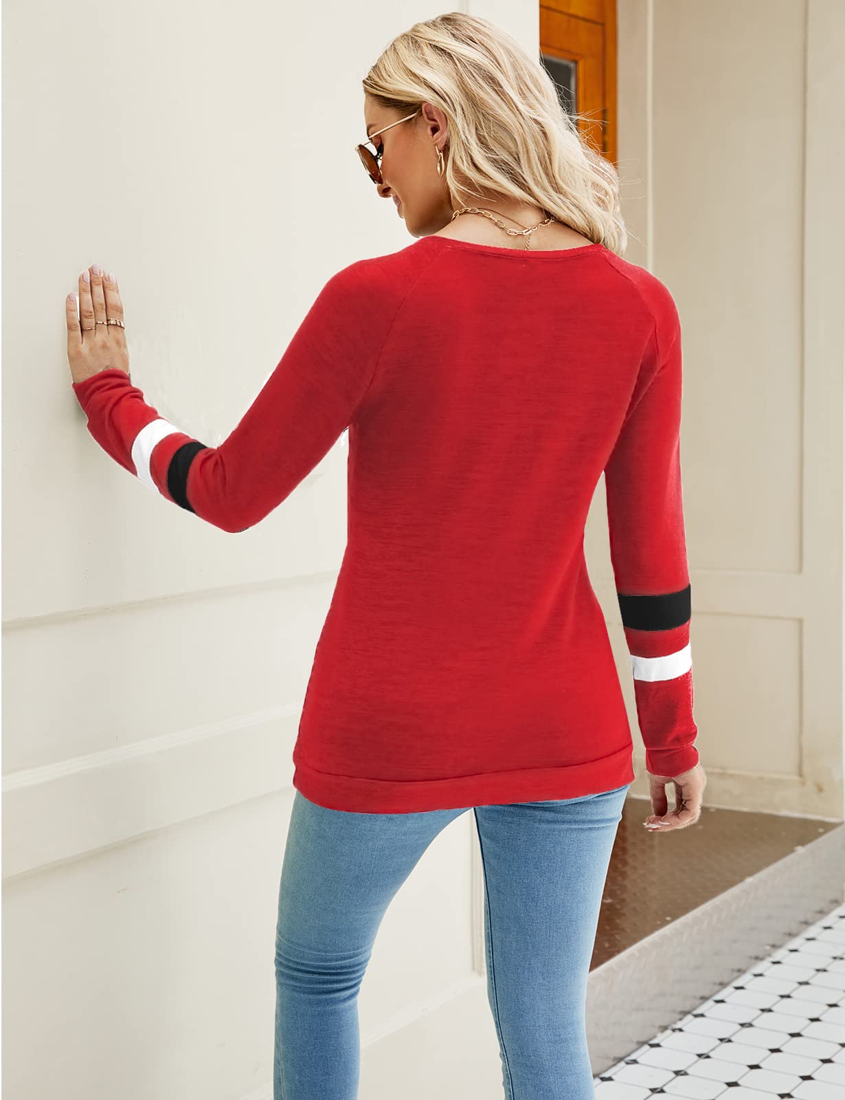 Kancystore Red Sweatshirts for Women Crewneck Tunic Sweaters Solid Striped Long Sleeve Tops Pullover L