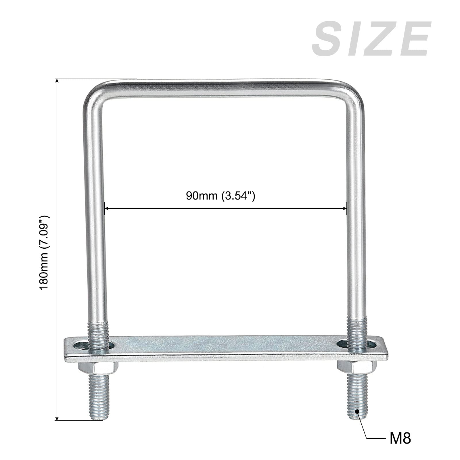 METALLIXITY U Bolts 2 Sets (M8x90x180mm), Square U Bolt Carbon Steel with Accessories - for Construction, Pipe