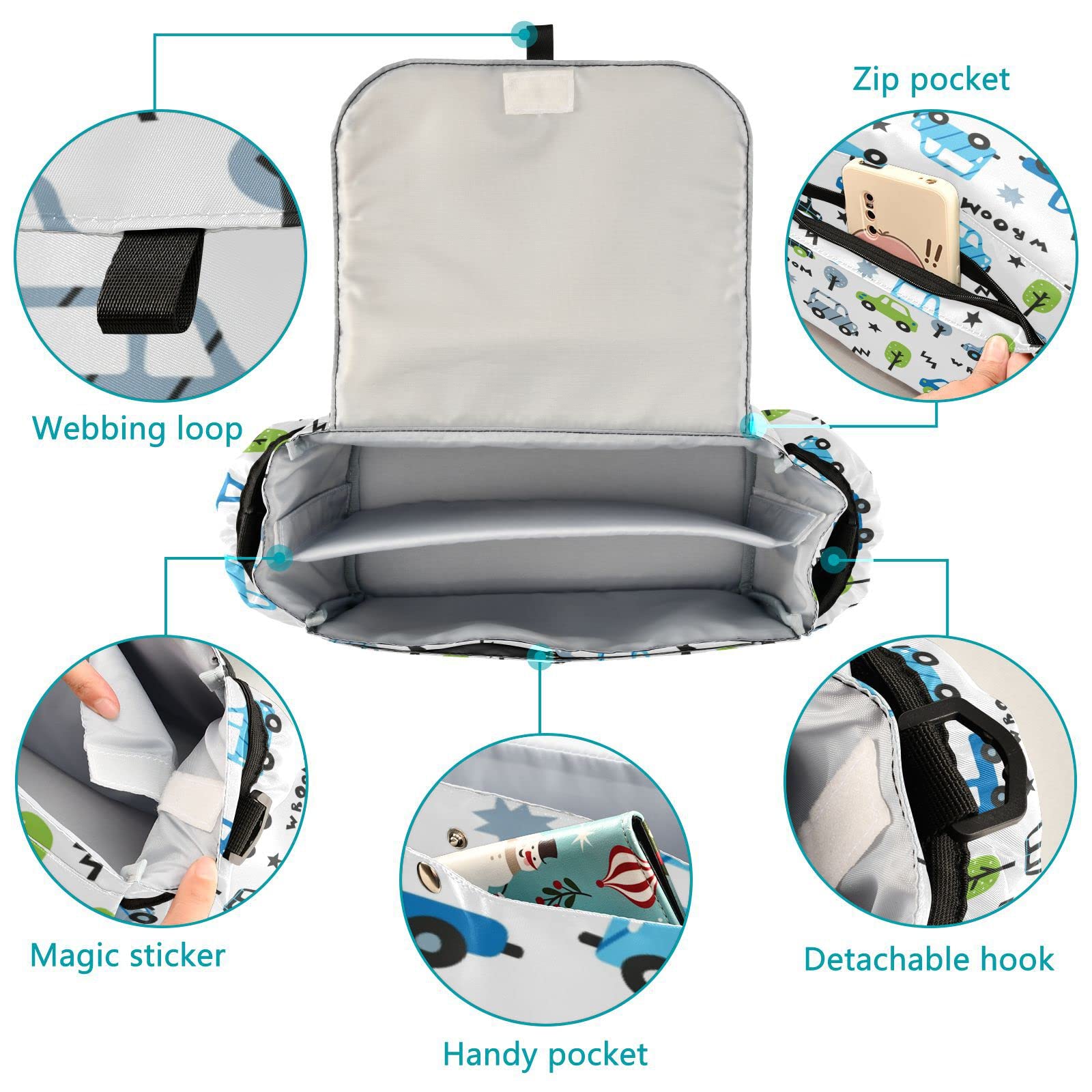 Kigai Cartoon Cars Baby Stroller Organizer with Cup Holders, Secure Hooks Accessories Adjustable Strap Stroller Bag for Bottle, Diaper, Phone, Toys, Baby Items