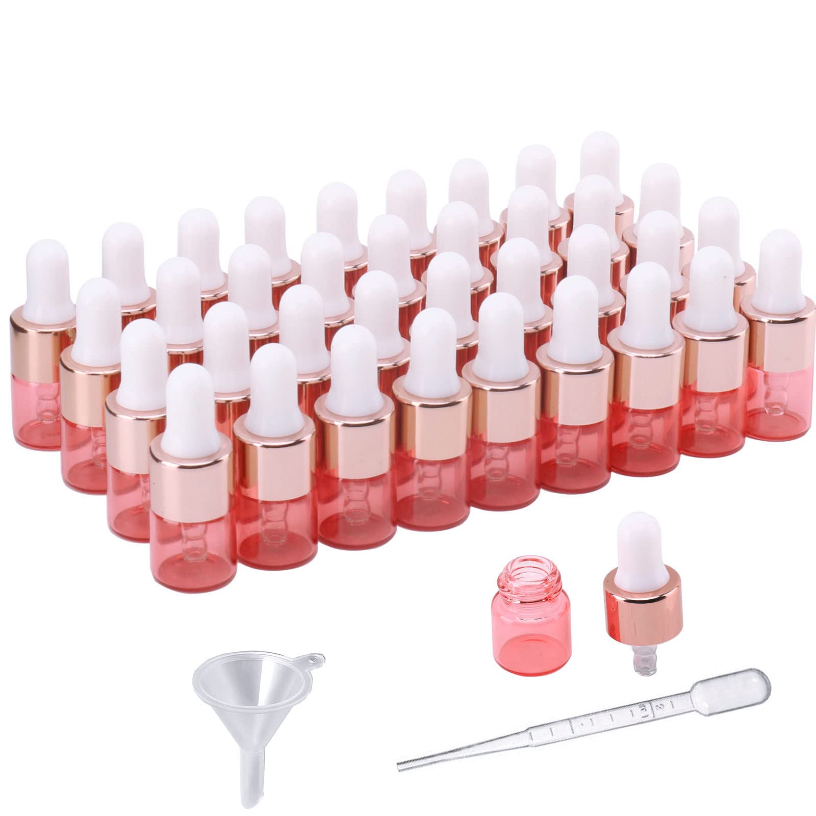MANHOJIA 36pack,1ml pink glass dropper bottle with Eye Droppers Bottle With Rose-Gold for Essential Oils, Liquids - Leakproof Travel Bottles,empty sample perfume container