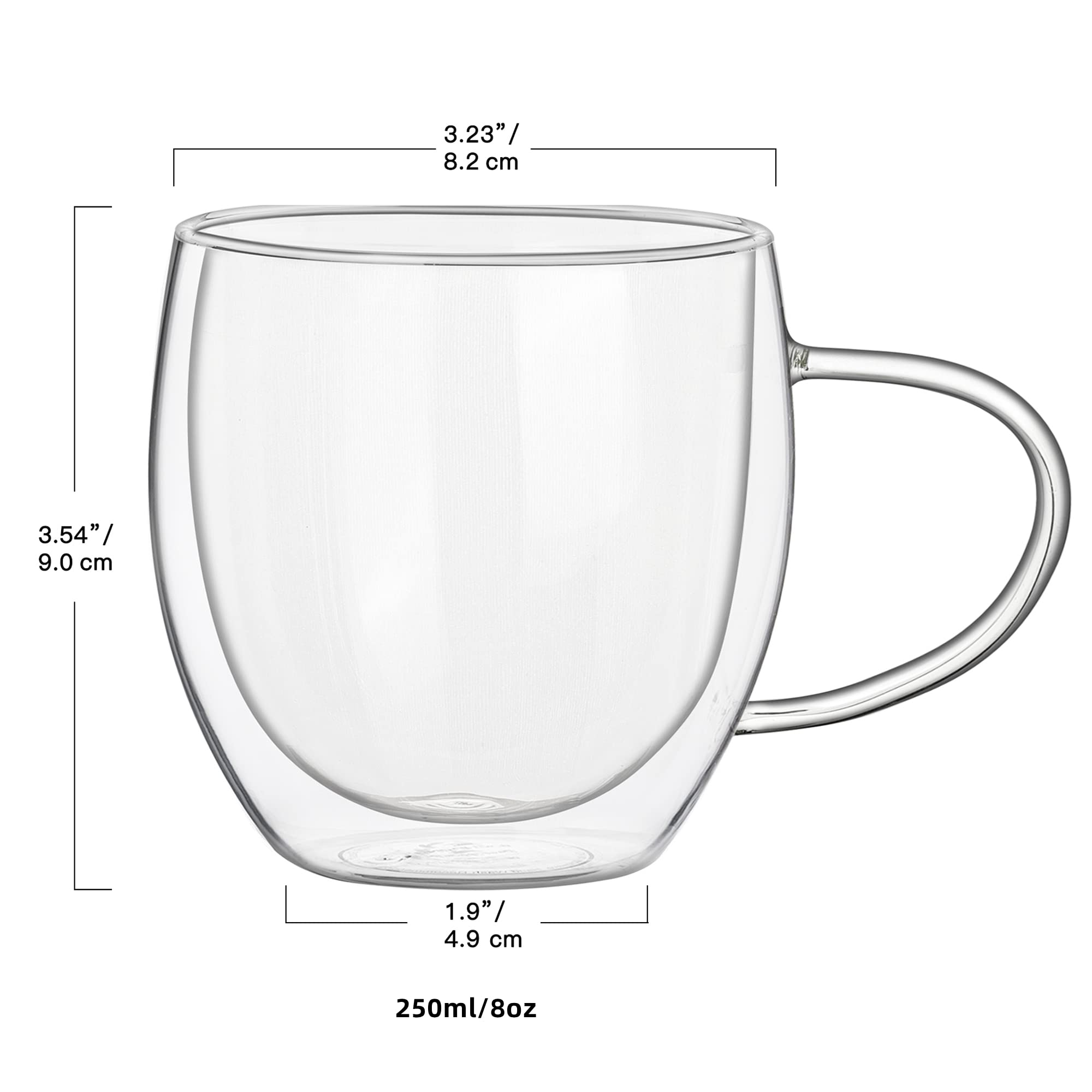 JNSMFC Double Walled Glass Coffee Mugs with Handle,4-Pack 8oz Insulated Glass Coffee Mugs Set,Clear Glass Coffee Cups for Espresso, Latte, Cappuccino,Wine,Tea Bag, Hot Beverage(Extra Spoons)