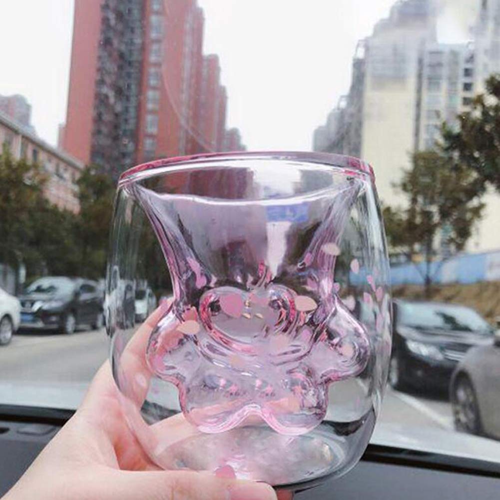 Jsacemxi Sakura Coffee Mug Double Wall Glass Cup Cat Claw Cup Heat-Resistant Handmade Creative Milk Mug Tea Whiskey Cup (Cat Paws) (Cute cups)