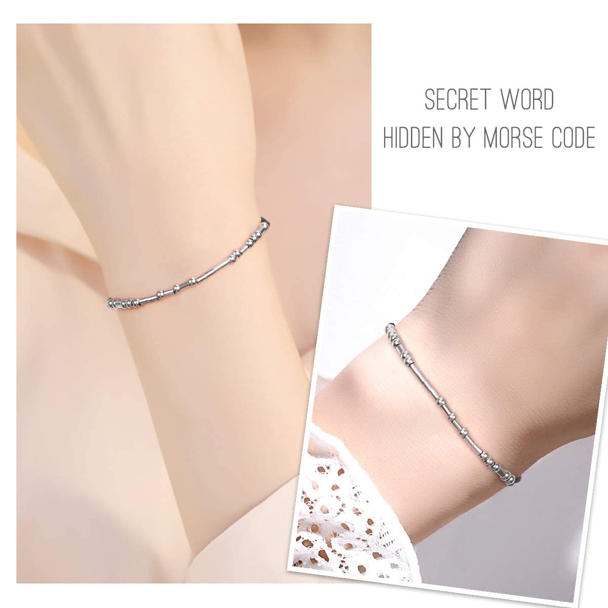 Jorywell Fuck Off Morse Code Bracelets, 3mm Silver and Gold Beads on Silk Cord Funny Bracelet for Women All Bad Things (1-1Silver+Silver)¡