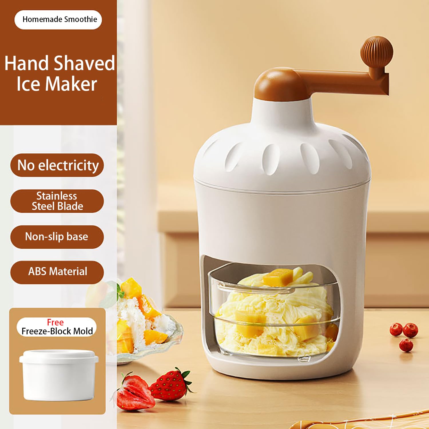 Manual Shaved Ice & Snow Cone Machine, Portable Slushy Maker with Stainless Steel Blades, Hand-Crank Ice Crusher for Home and Outdoor Use, Bingsu and Ice Cream, Snowcone, Cocktail Maker