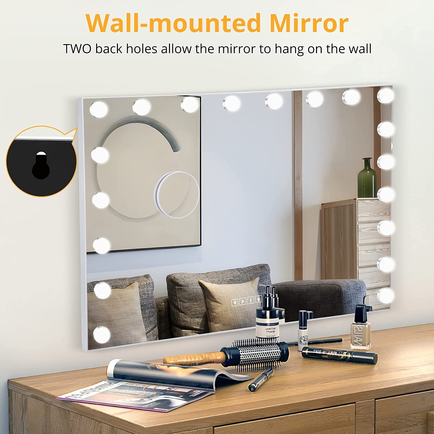 Large Hollywood Beauty Makeup Mirror with Bluetooth 18 LED Bulbs Large Lighting Cosmetic Vanity 3 Color Lighting Modes Makeup Mirror with USB Charging Port, Touchscreen, Tabletop & Wall-Mounted