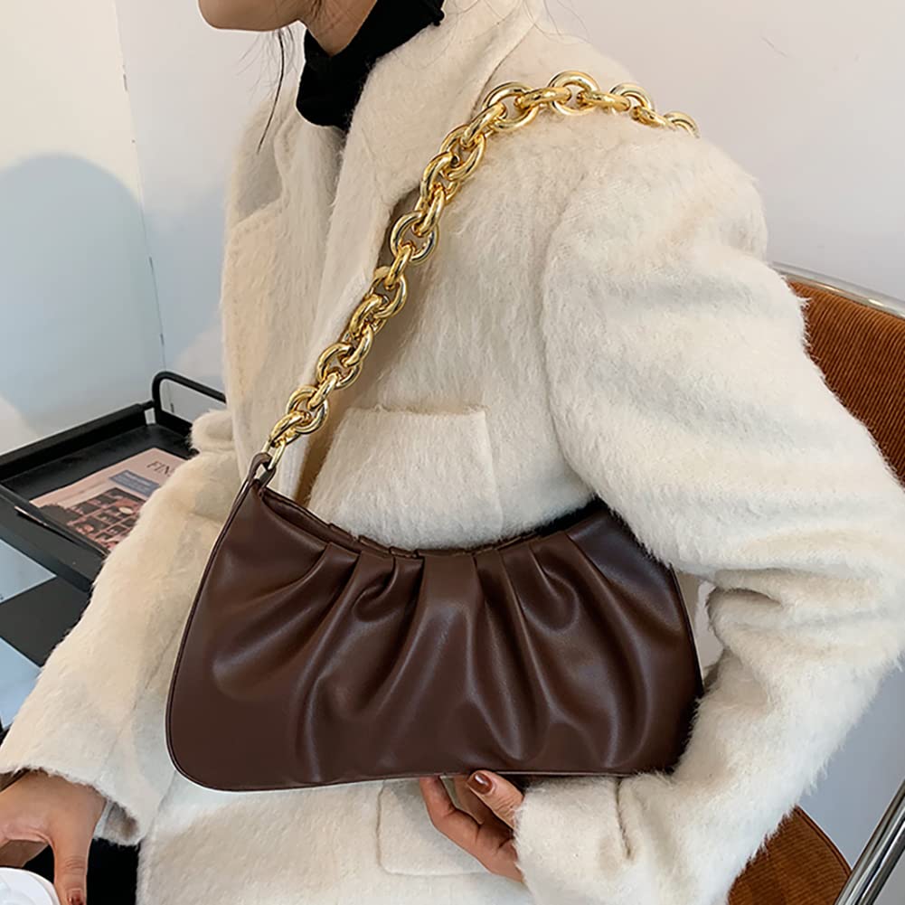 JRNDNIUO Chain Purse Bag for Women, 90s Shoulder Purses, Trendy Dumpling Handbag, Cloud Pouch Purse with PU Leather Gold Chain Clutch Brown