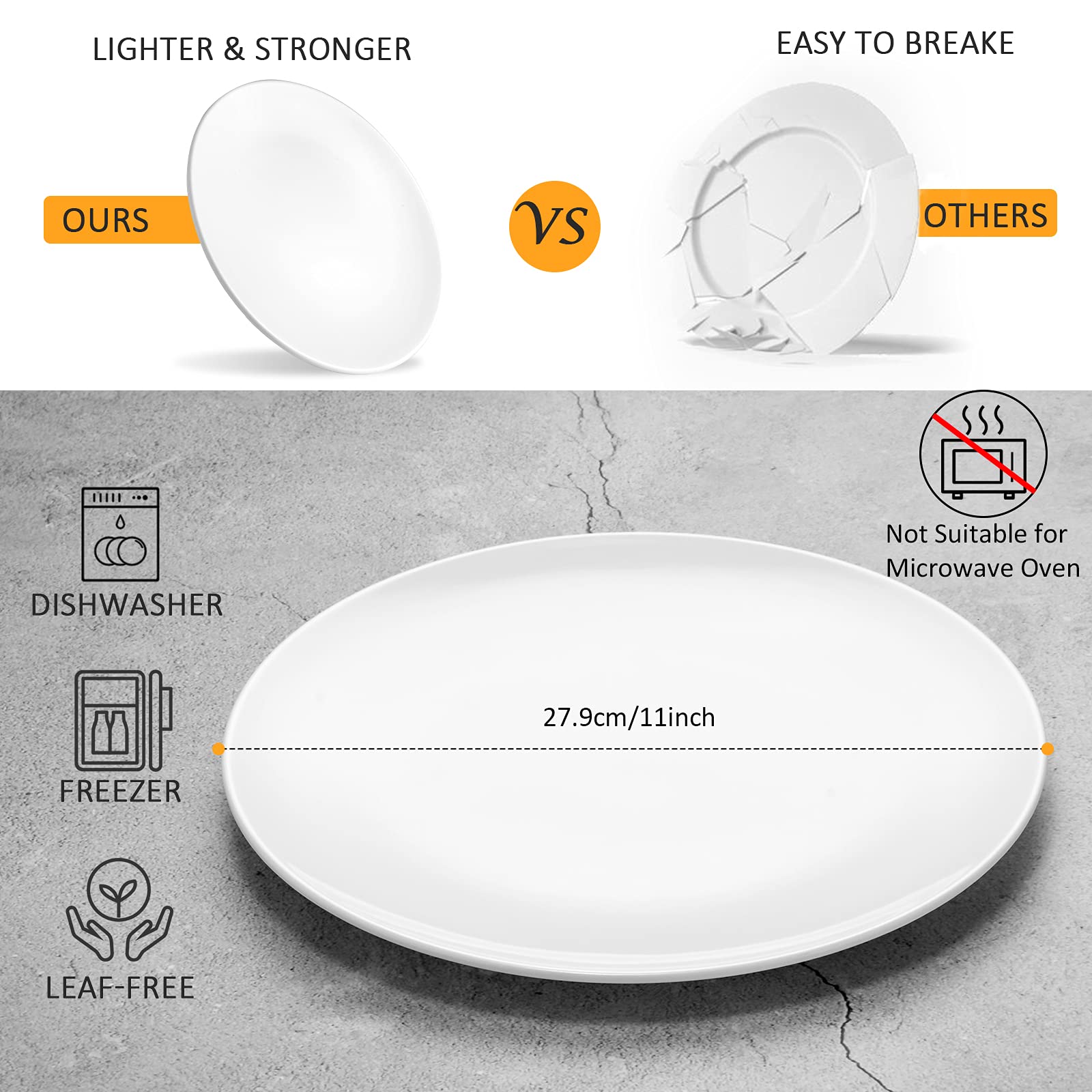 HSDT Melamine Restaurant Plates White 11 Inch Wide Side Flat Bottom Deep Round Dinner Plates Salad Plates Lunch Plates Durable and Easy to Clean Set of 6,PYW-11-06