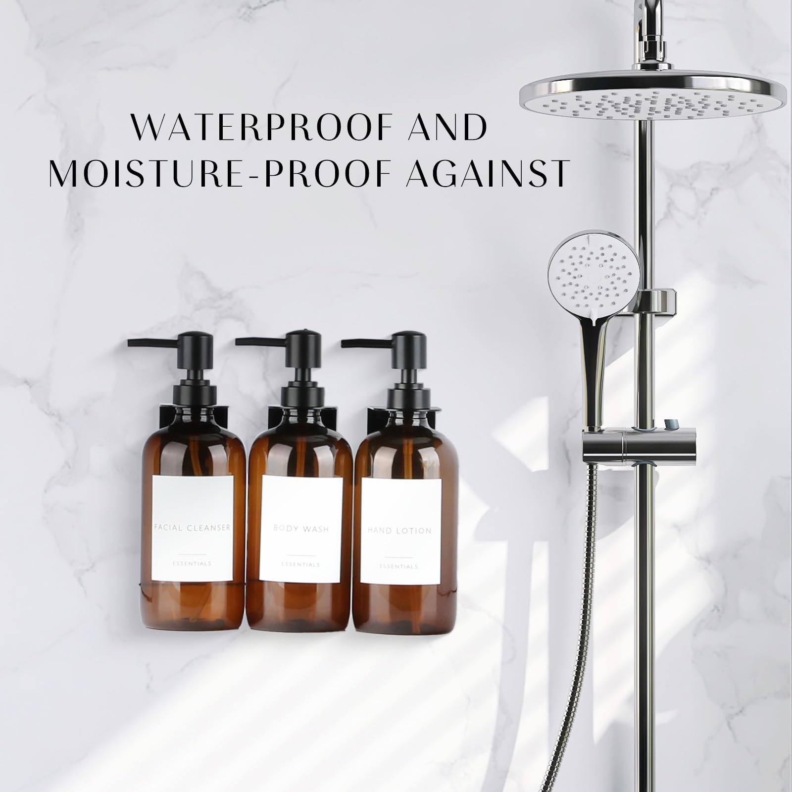 Nellyke Shampoo and Conditioner Dispenser for Shower, 21oz Set of 3 Brown Shower Soap Dispenser Wall Mounted No Drill Shampoo Bottles for Bathroom