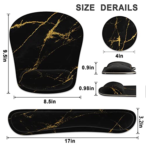 Keyboard Wrist Rest Memory Foam Ergonomic Mouse Pad with Computer Wrist Support Set with Non-Slip Rubber Base Coaster for Home, Office Easy Typing and Pain Relief - Black Marble