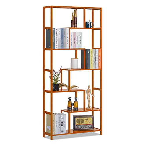 MoNiBloom 7-Shelves Staggered Bookshelf, Large Bamboo Bookcase Freestanding Display Shelf Storage Organizer for Home Living Room Office Garden, Brown