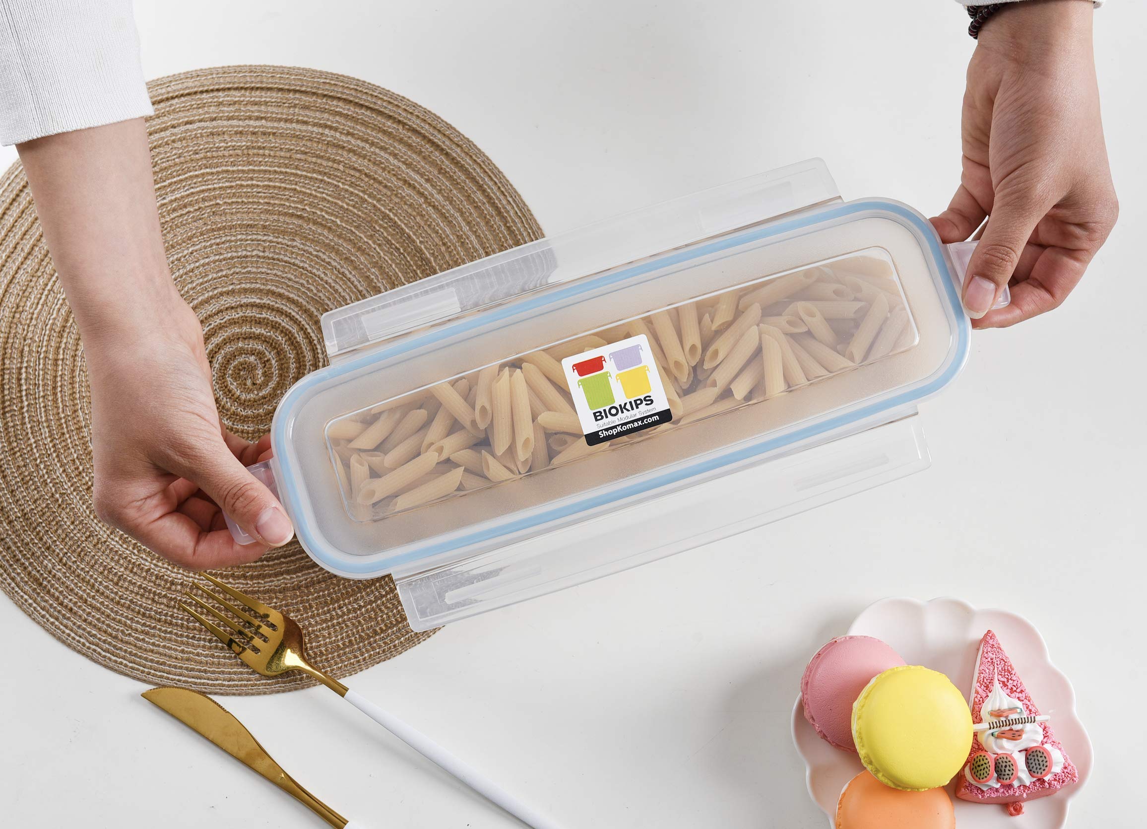 Komax Biokips Pasta Storage Containers Set of 4 – BPA-Free Rectangular Plastic Containers with Lids – Microwave & Dishwasher Safe Airtight Containers – Noodle, Pasta, & Spaghetti Container (33 oz)